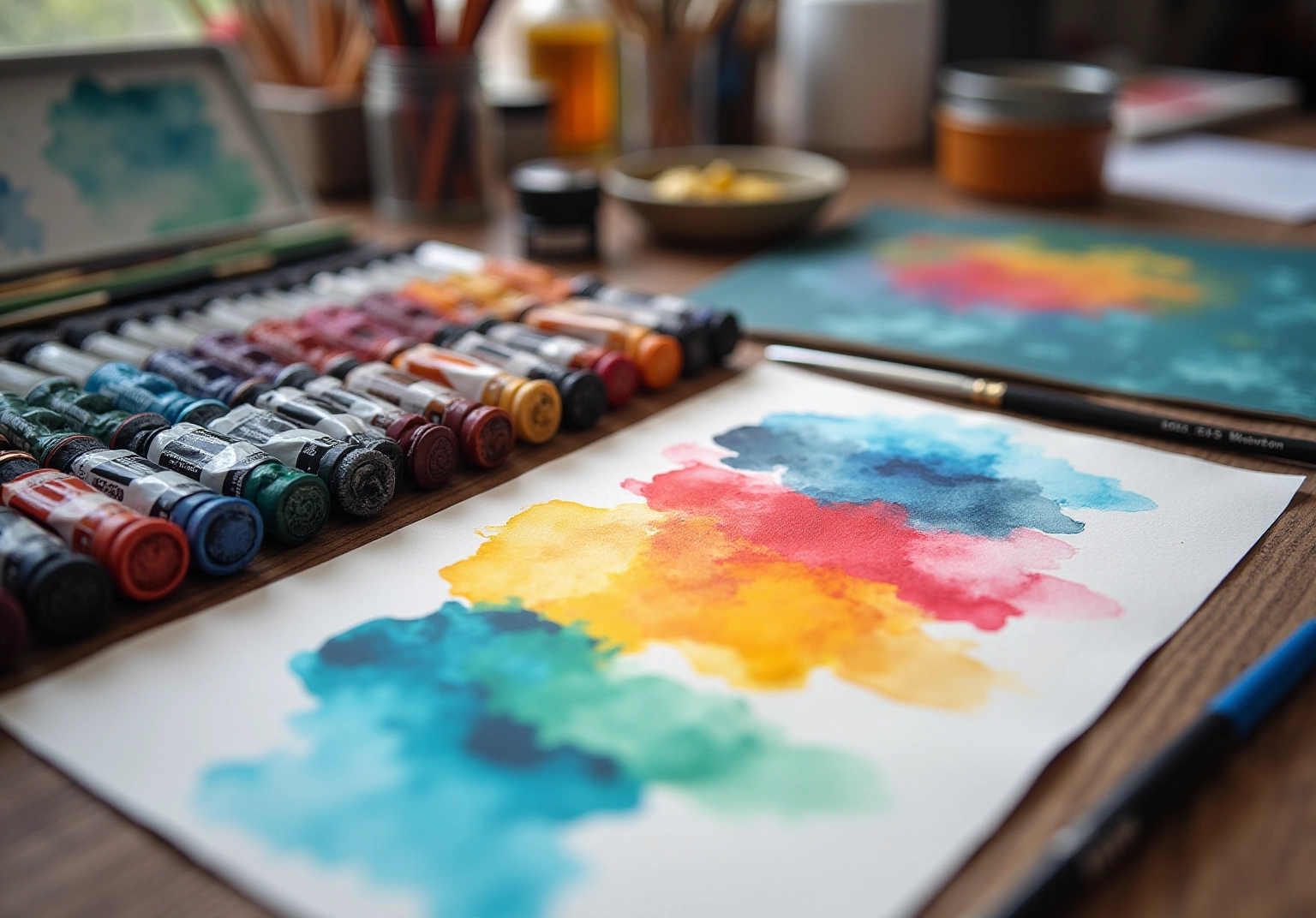Artistic Workspace with Watercolor Brands Artistic Workspace with Watercolor Brands