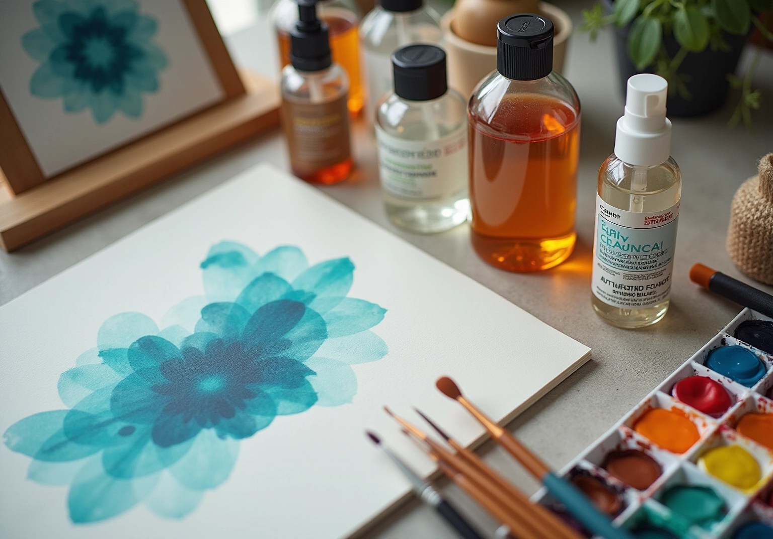 Artistic Workspace with Watercolor Brush Cleaners