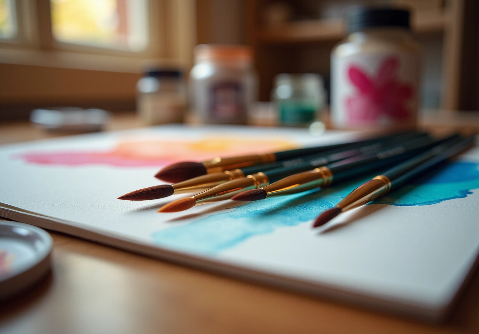 Artistic Workspace with Watercolor Brushes