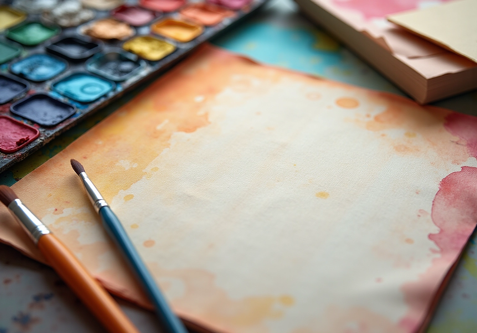Artistic Workspace with Watercolor Materials Artistic Workspace with Watercolor Materials
