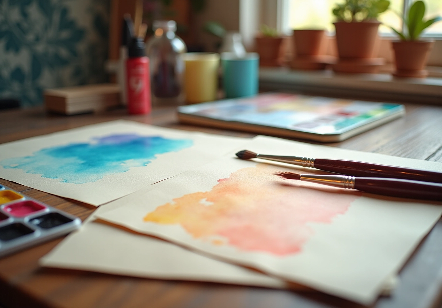 Artistic Workspace with Watercolor Materials
