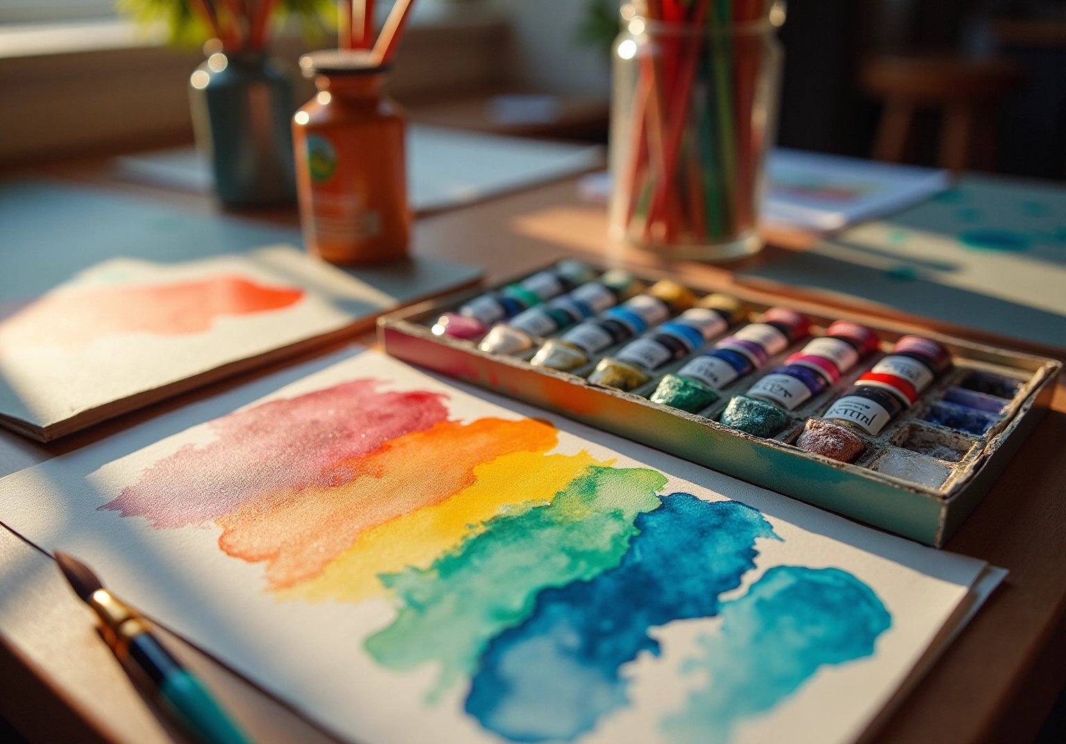 Artistic Workspace with Watercolor Materials Artistic Workspace with Watercolor Materials