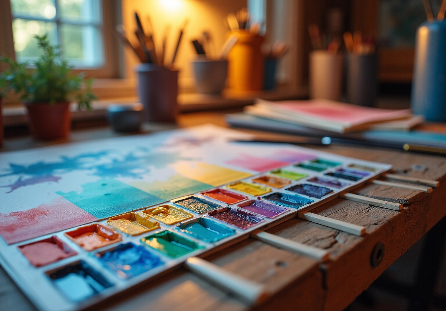 Artistic Workspace with Watercolor Mediums Artistic Workspace with Watercolor Mediums