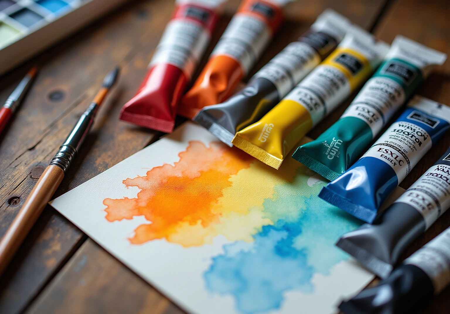 Artistic Workspace with Watercolor Paints Artistic Workspace with Watercolor Paints