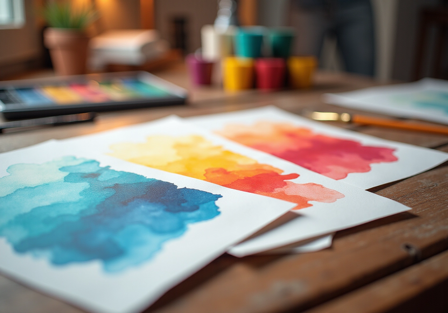 Artistic Workspace with Watercolor Papers