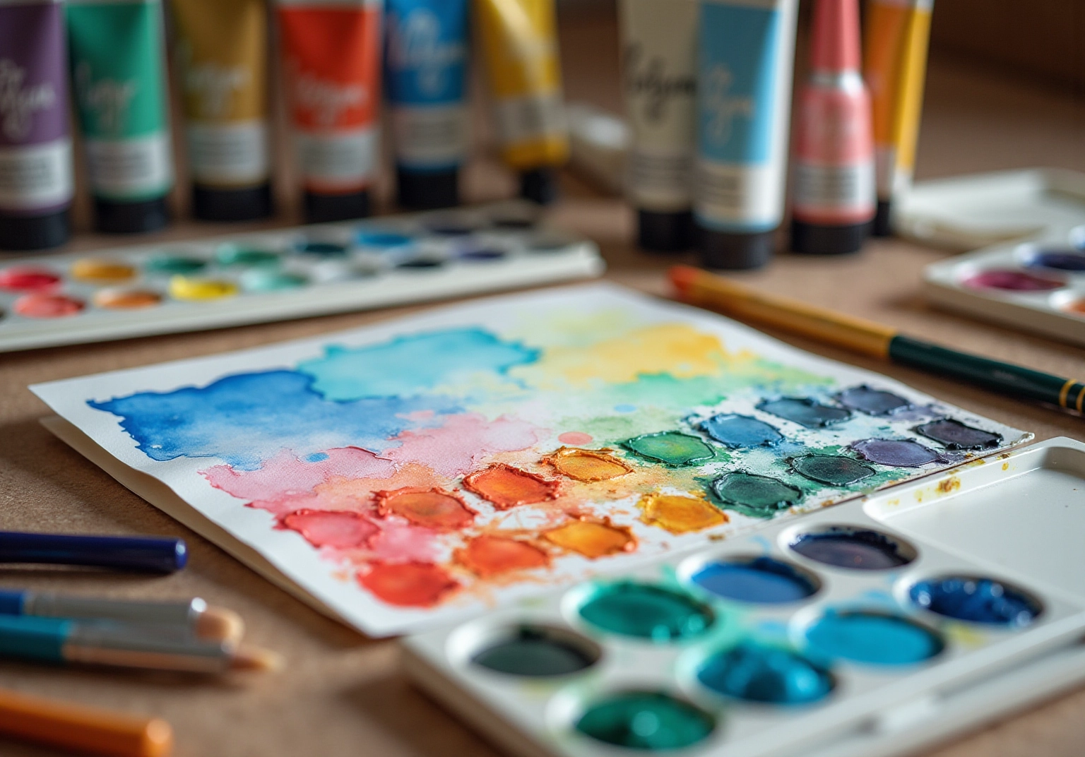 Artistic Workspace with Watercolor Supplies Artistic Workspace with Watercolor Supplies