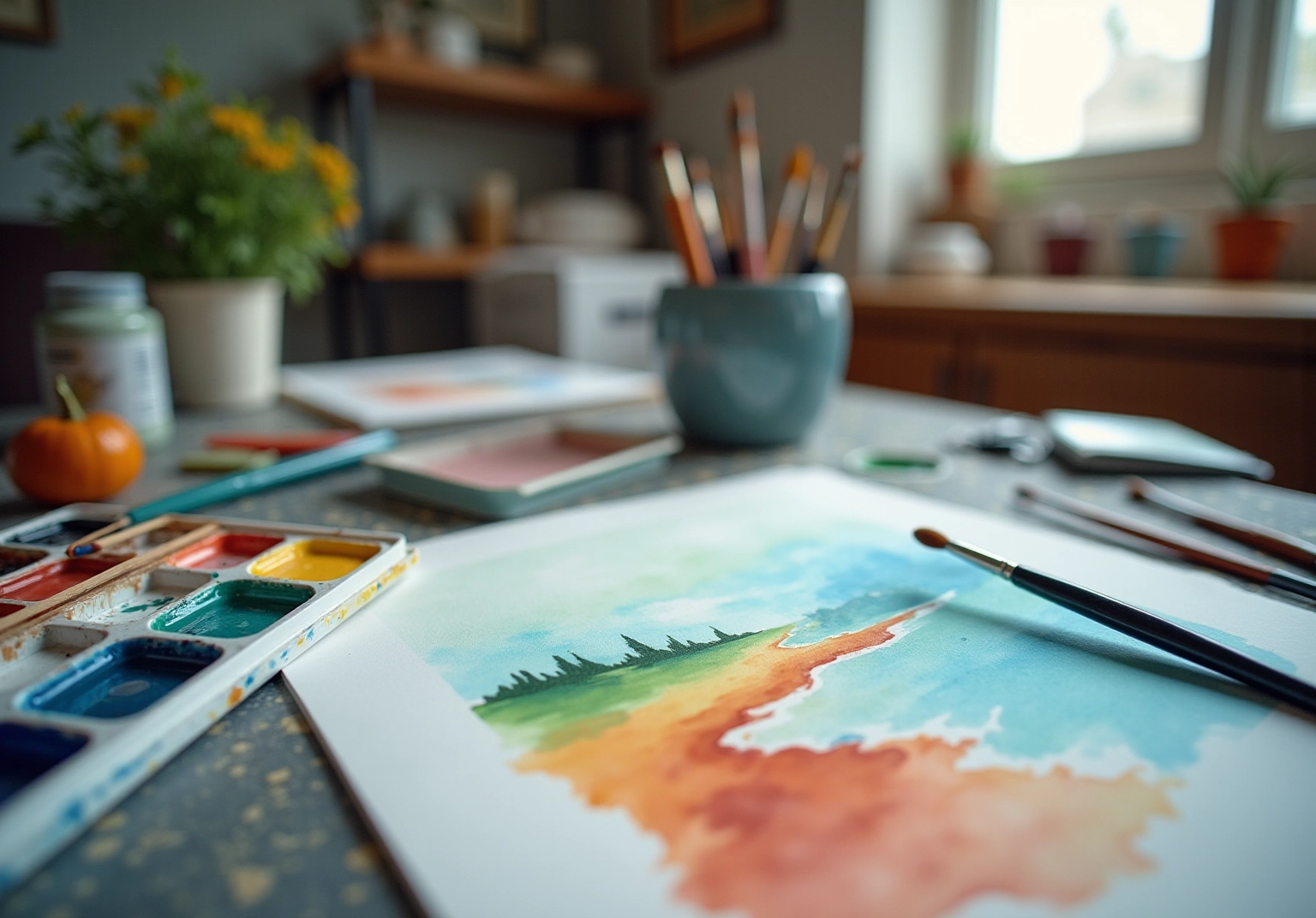 Artistic Workspace with Watercolor Techniques Artistic Workspace with Watercolor Techniques