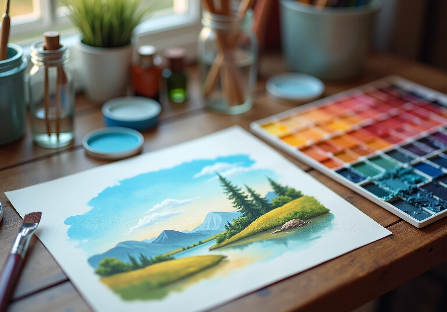 Artist's Workspace: Finishing Touches on a Watercolor Landscape Artist's Workspace: Finishing Touches on a Watercolor Landscape