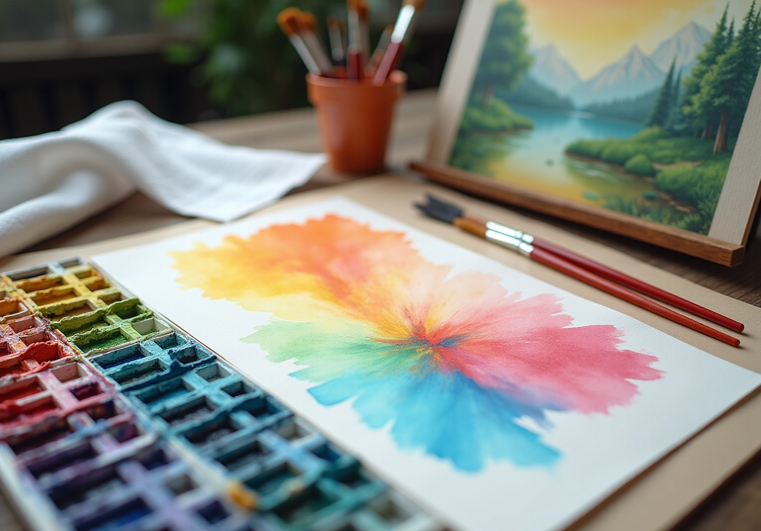 Artist's Workspace for Watercolor Landscape Painting