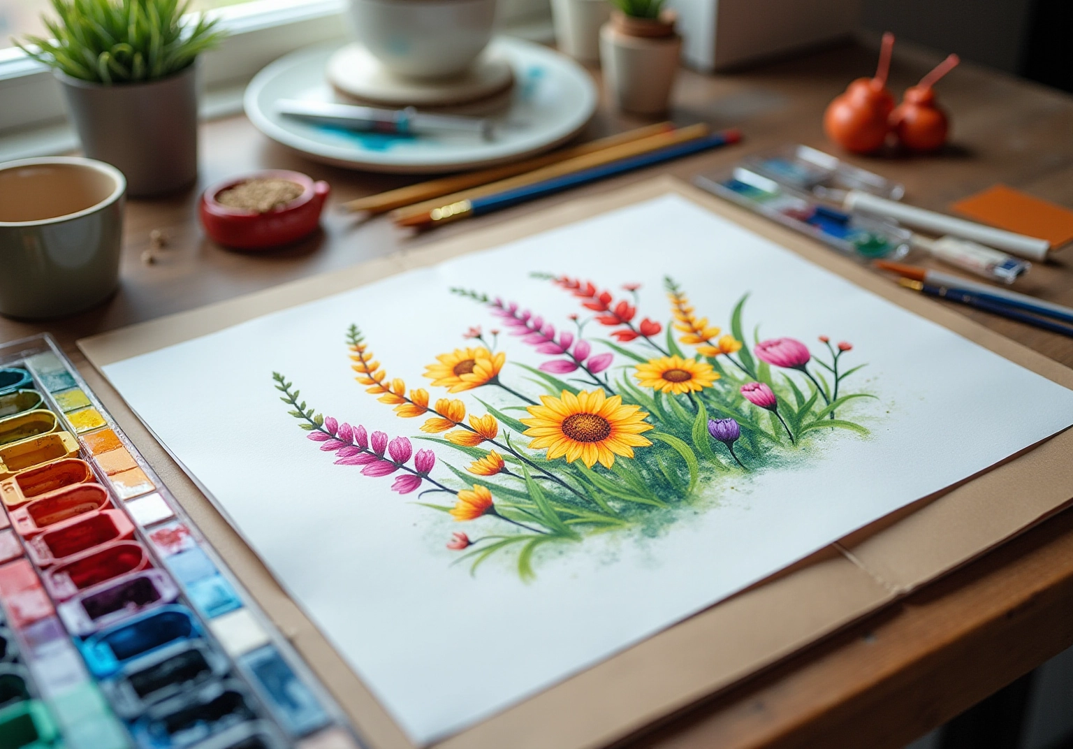 Artist's Workspace with Colorful Wildflowers Drawing Artist's Workspace with Colorful Wildflowers Drawing