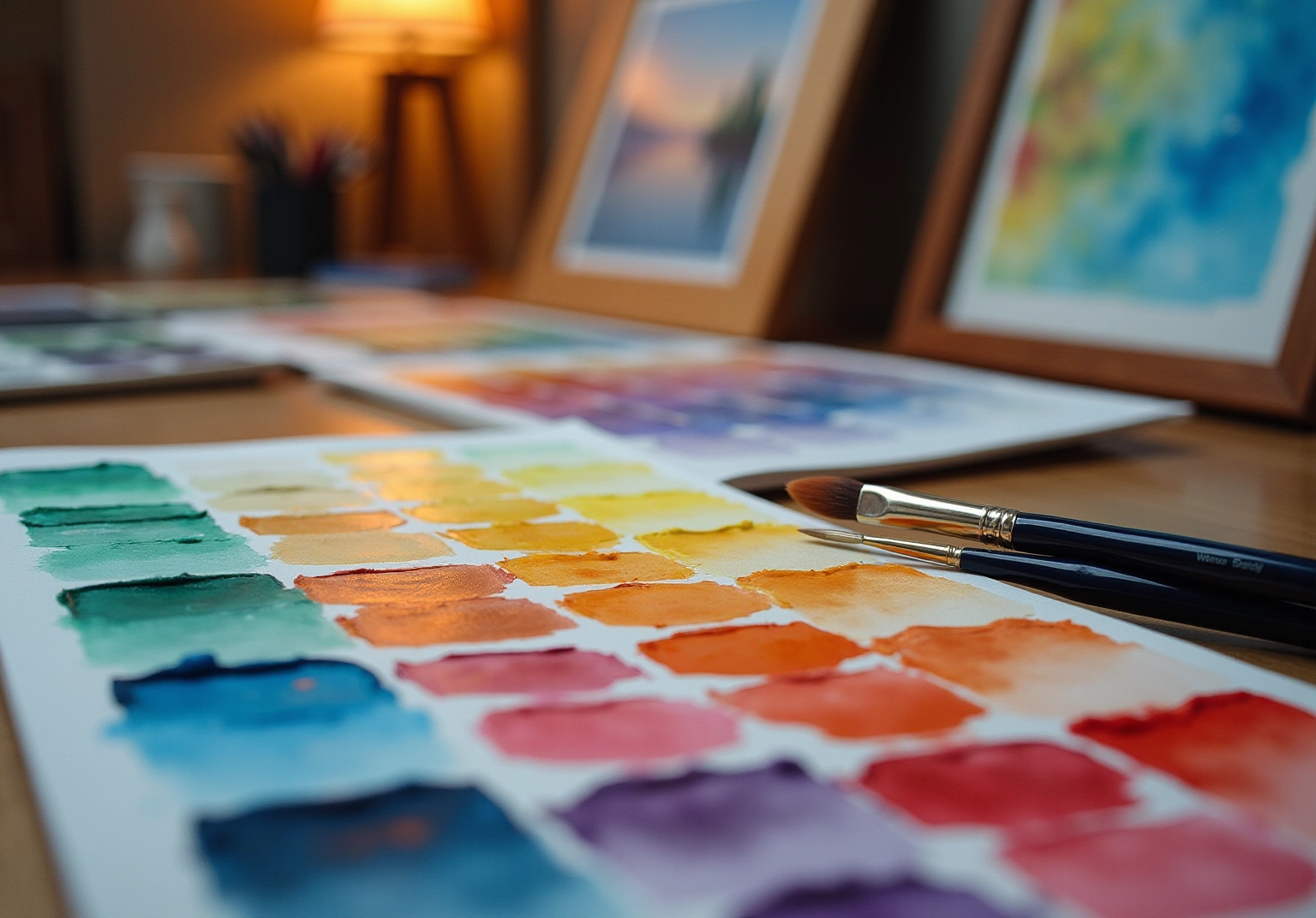 Artist's Workspace with Watercolor Brands