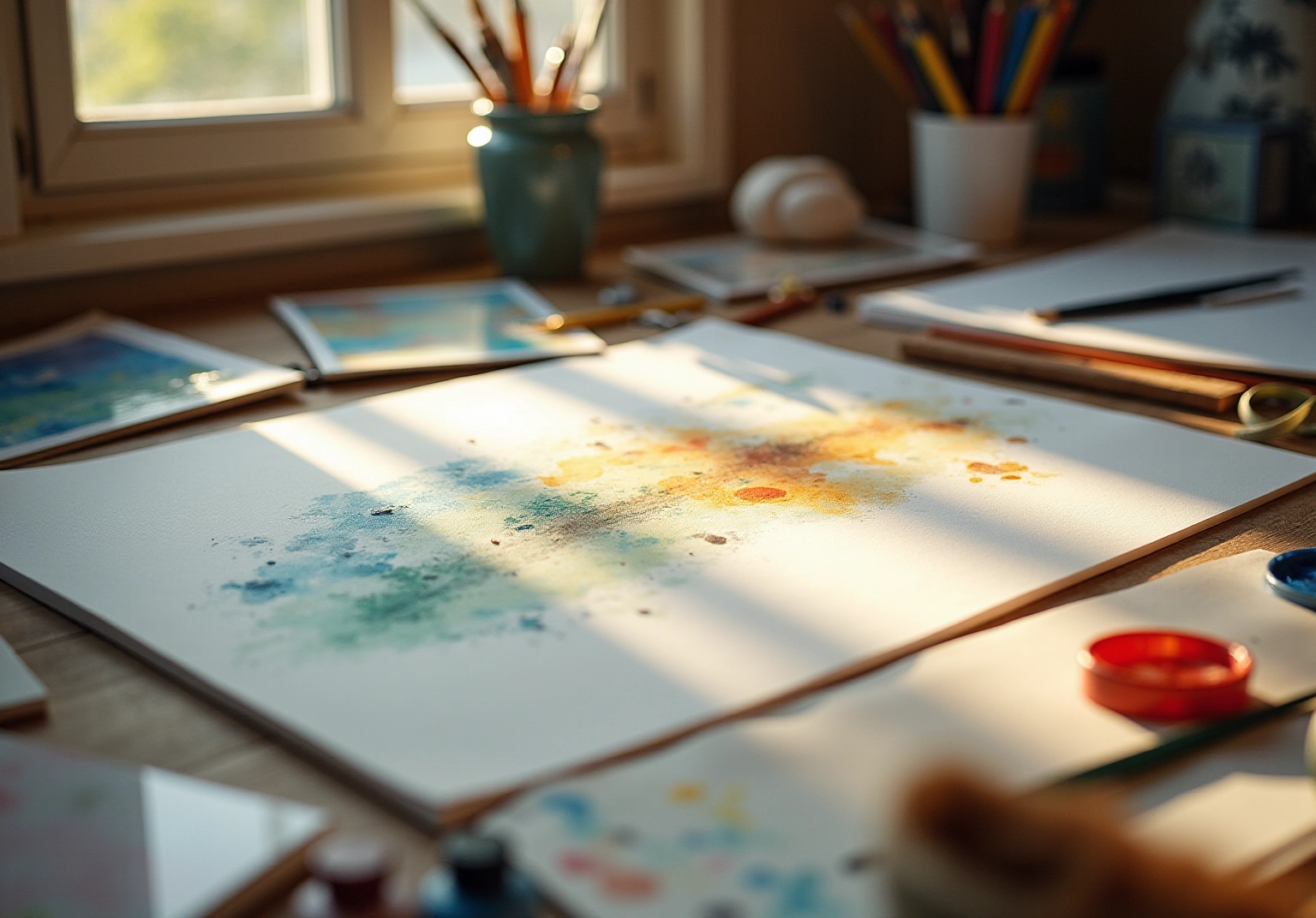 Artist's Workspace with Watercolor Materials