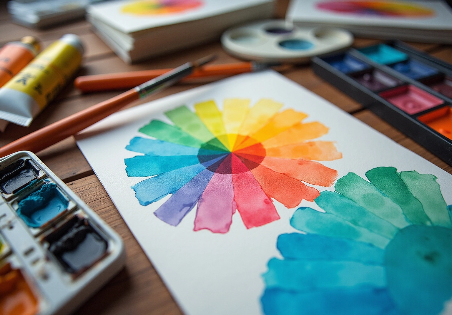 Artist's Workspace with Watercolor Paints Artist's Workspace with Watercolor Paints