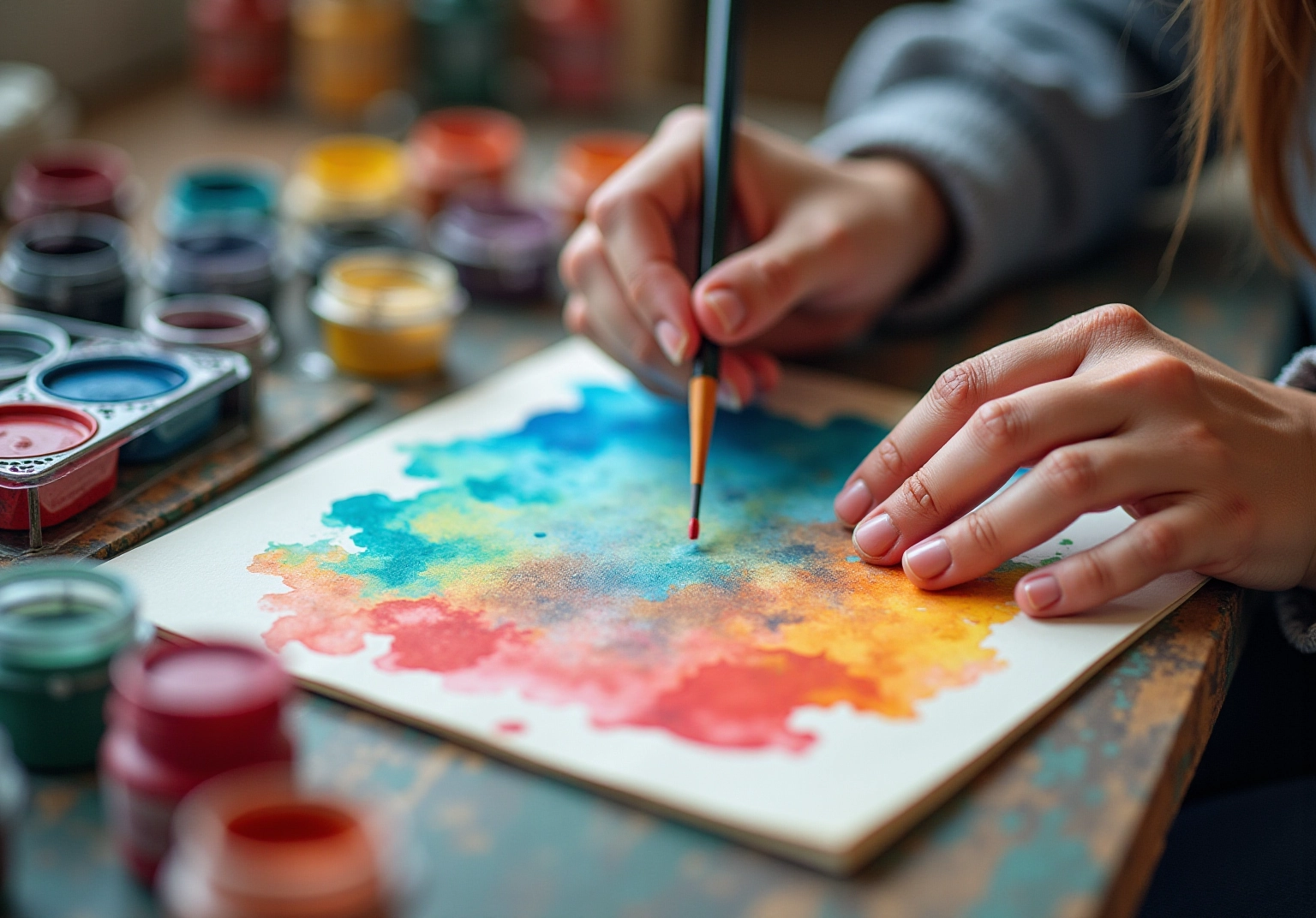 Artist's Workspace with Watercolor Paints