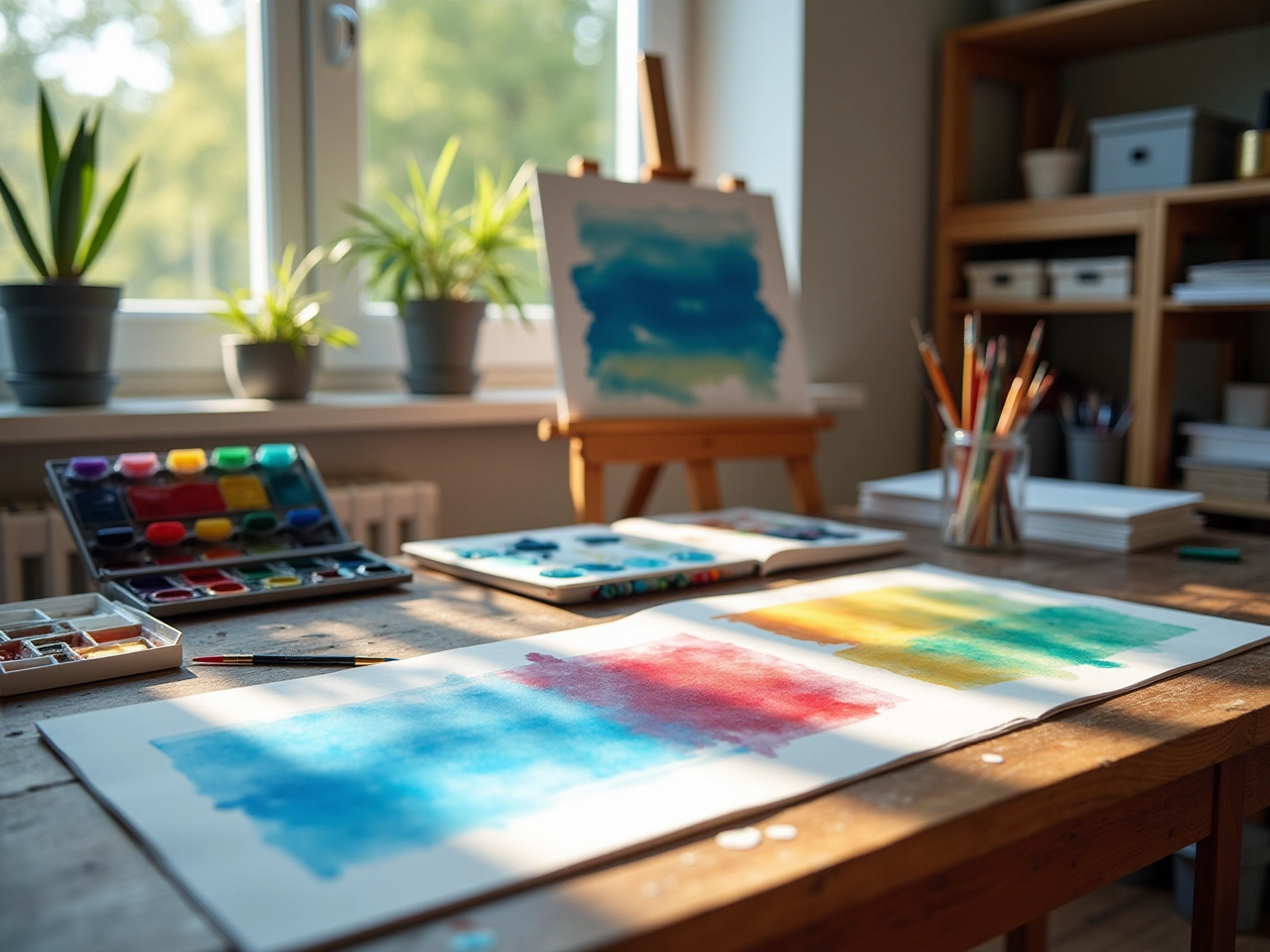 Artist's Workspace with Watercolor Supplies Artist's Workspace with Watercolor Supplies
