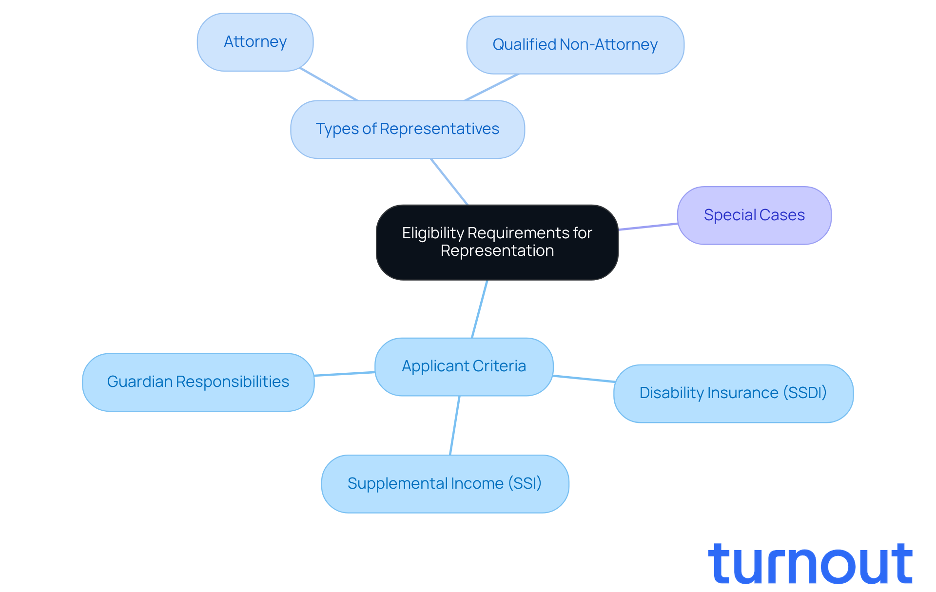 Start at the center with the main topic, then explore the branches to understand who can apply and what types of representatives are available. Each branch provides details on specific criteria and roles.