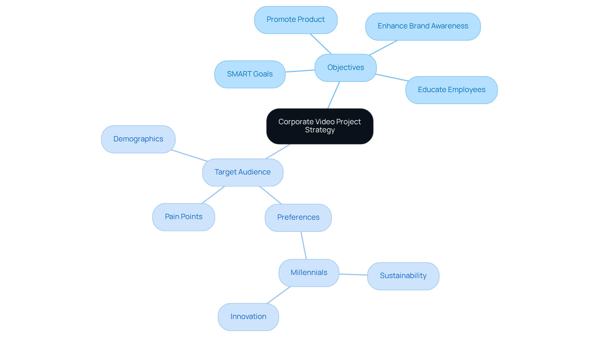 The center represents the overall strategy for the video project. The branches show the key objectives and target audience insights, helping you see how each part contributes to the project's success.