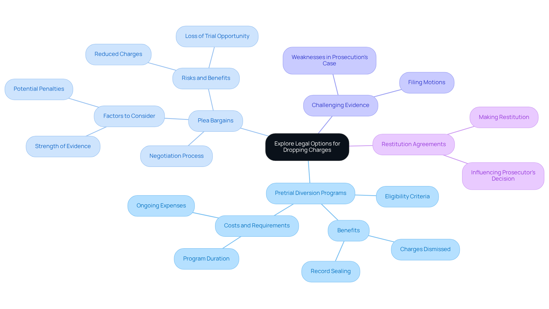 This mindmap shows different strategies you can explore to potentially drop or reduce petit larceny charges. Each branch represents a unique approach, and you can follow the sub-branches for more details on what each strategy involves.