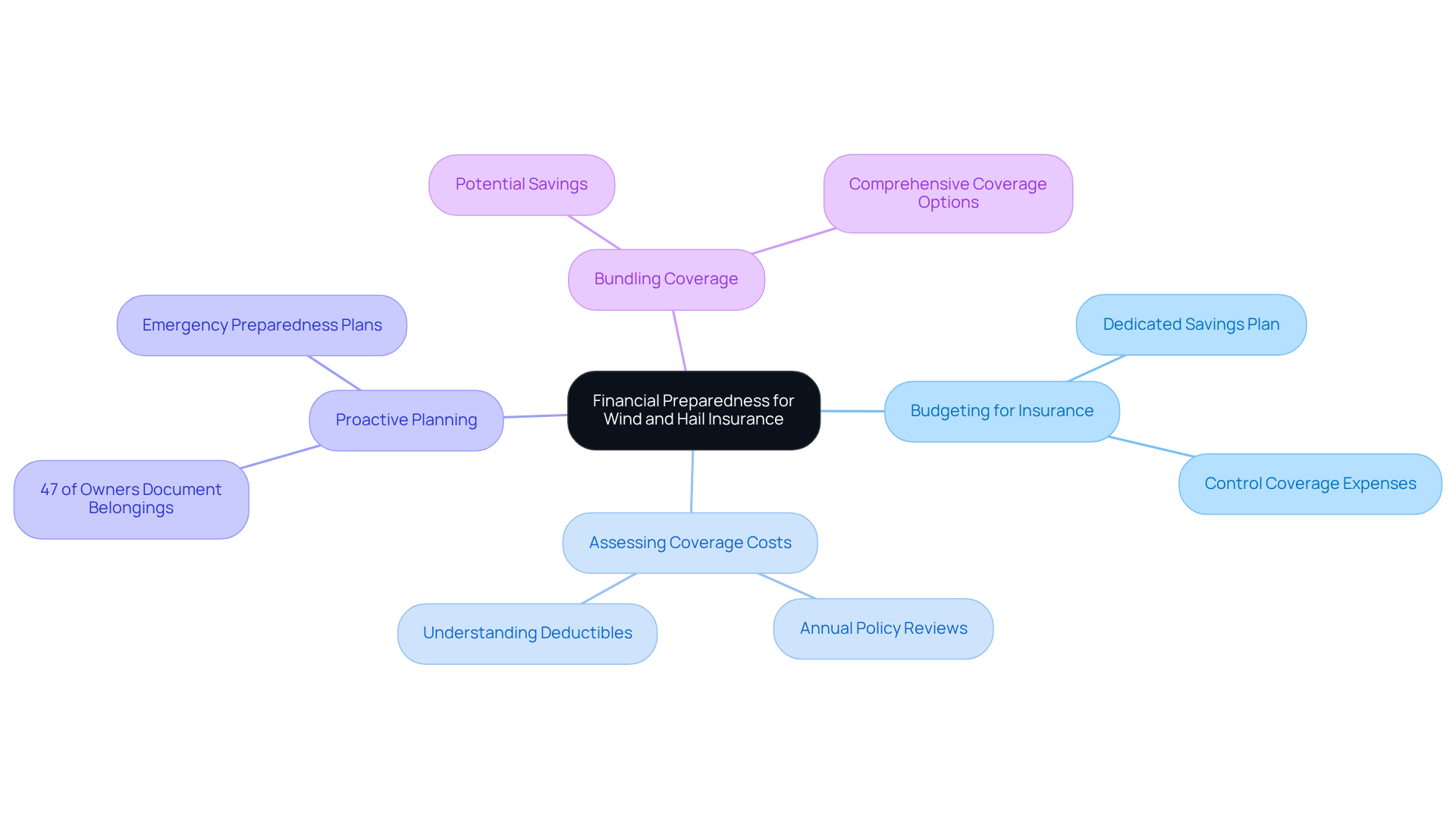 The central node represents the main theme of financial preparedness. Each branch shows a key strategy or statistic, helping you understand how to approach budgeting and insurance effectively.