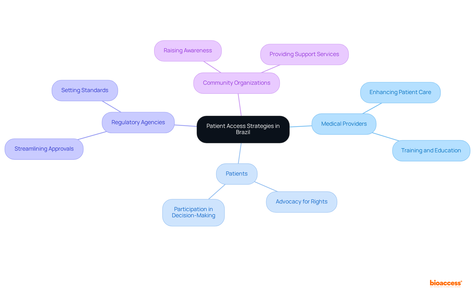 The central node represents the main focus, and each branch shows different stakeholders involved in improving patient access — follow the branches to see their specific contributions. The central node represents the main focus, and each branch shows different stakeholders involved in improving patient access — follow the branches to see their specific contributions.