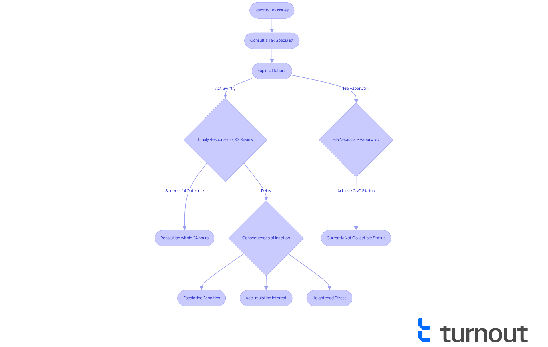 This flowchart guides you through the steps to take when facing tax issues. Each box represents an action, and the arrows show how each step connects. Follow the pathways to see the potential outcomes of acting swiftly versus delaying.