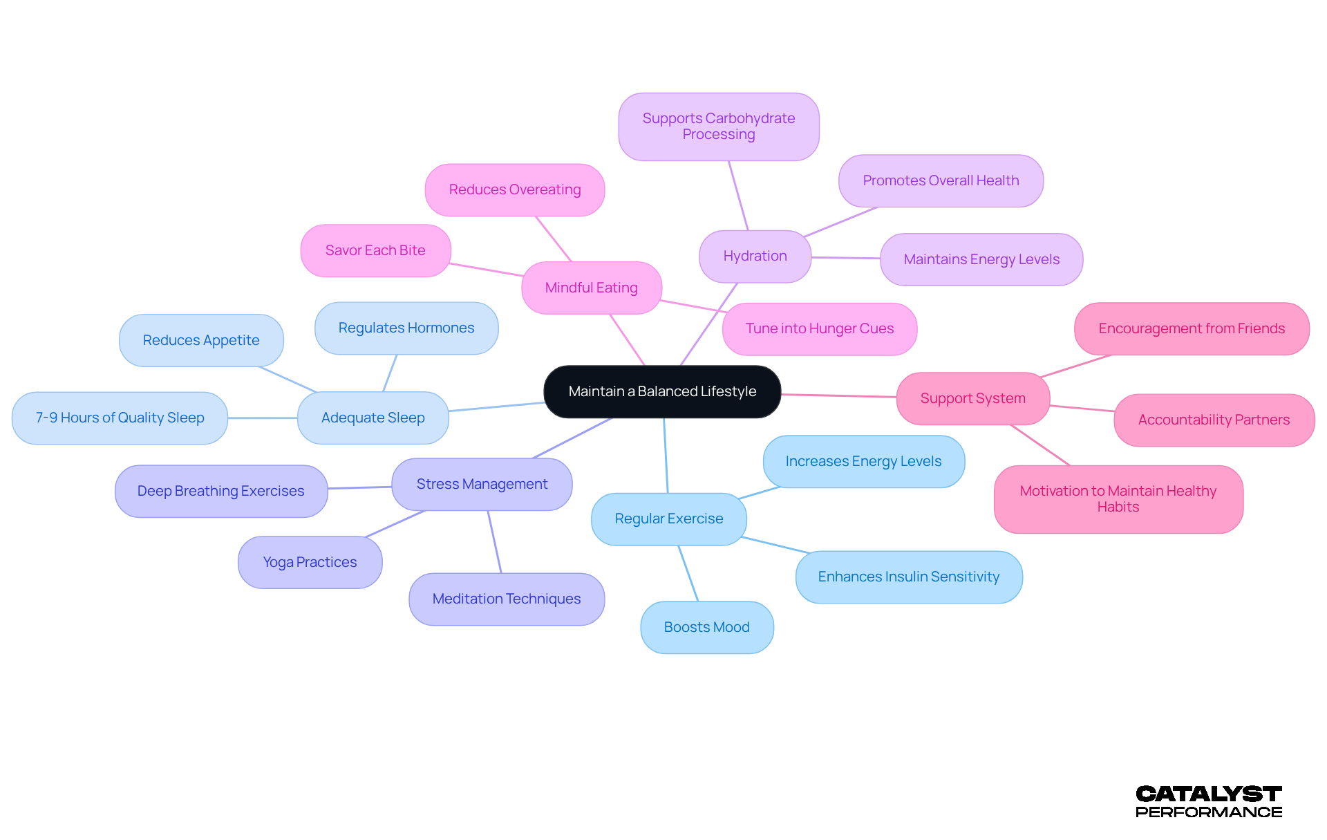 The central node represents the main goal of maintaining a balanced lifestyle. Each branch shows a specific practice that can help you achieve this goal. Follow the branches to see how each practice contributes to your overall health and well-being.