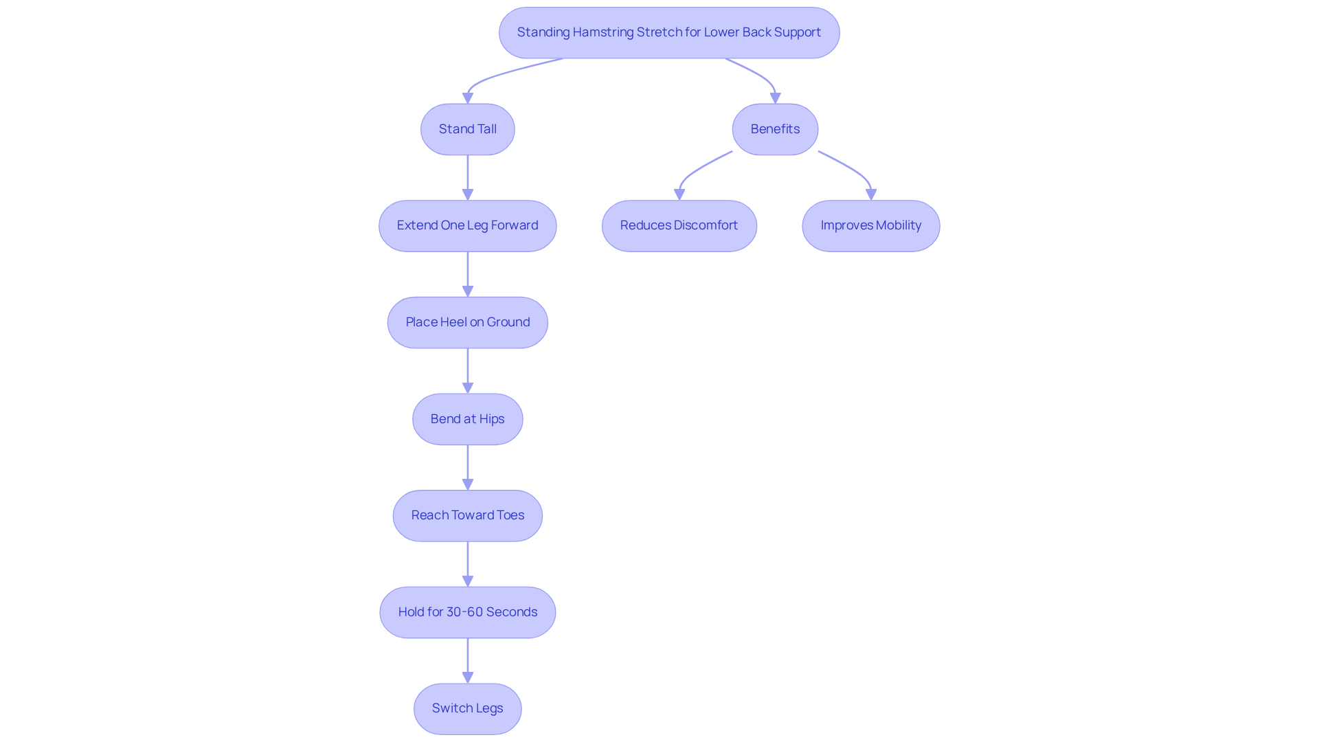 This flowchart guides you through the Standing Hamstring Stretch process. Each box represents a step to follow, and the arrows show the order in which to perform them. The side box highlights the benefits of this stretch, helping you understand why it's important for lower back support.