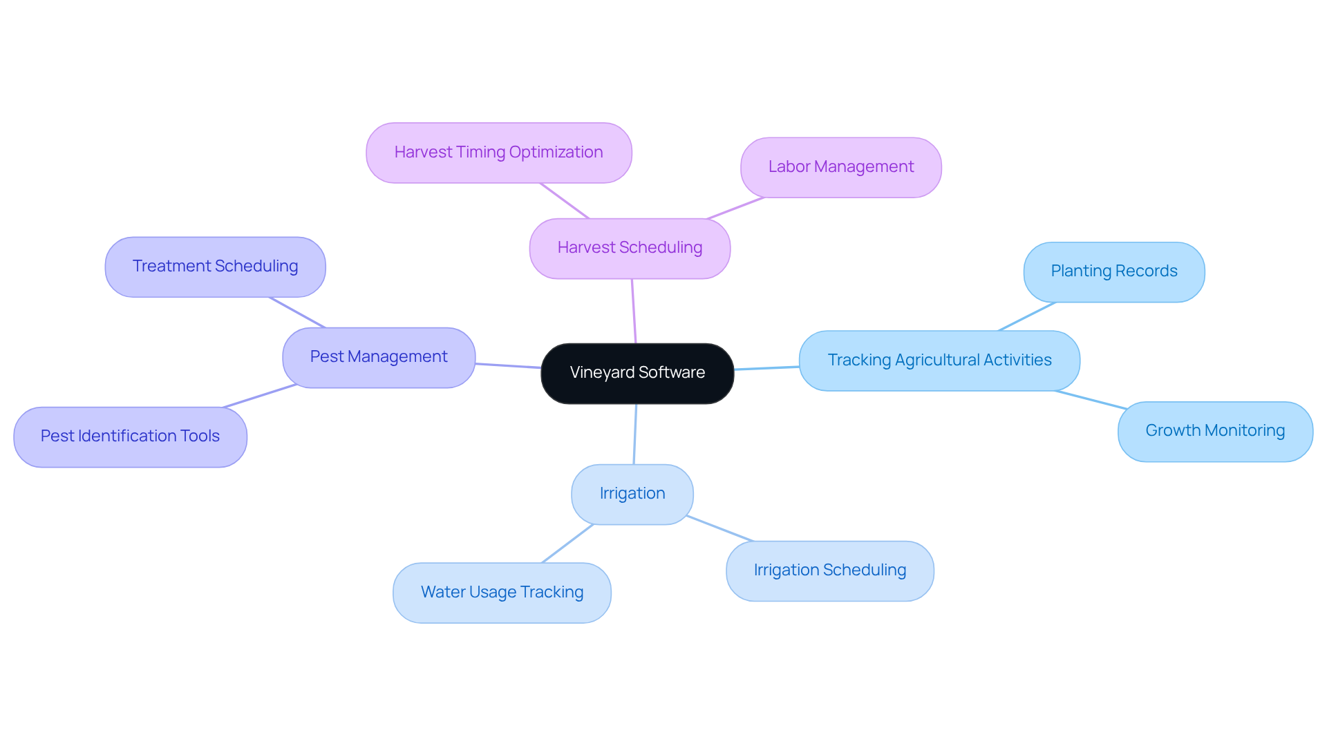 This mindmap starts with vineyard software at the center, showing how it supports different essential functions in grape management. Each branch represents a key area, making it easy to see how they all connect.