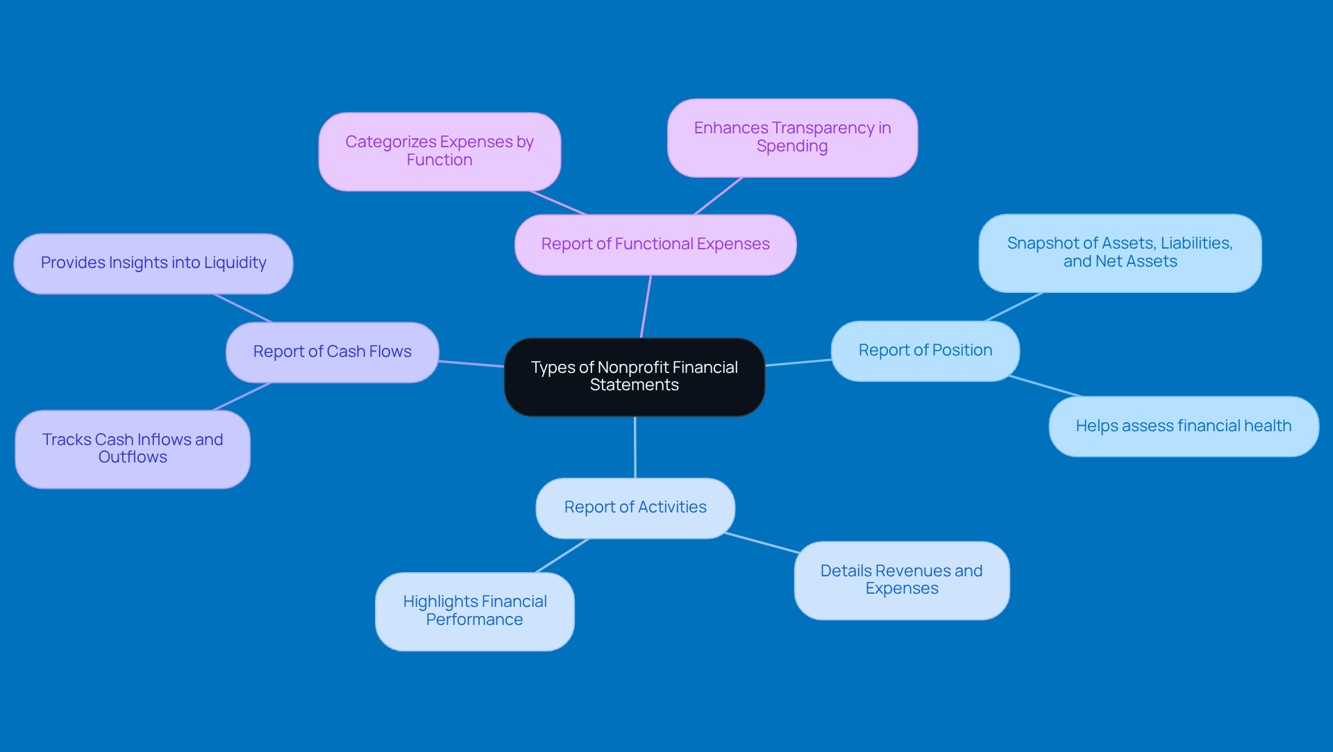 This mindmap shows the different types of financial statements that nonprofits prepare. Each branch represents a specific report, and you can follow the branches to understand what each report does and why it's important for managing nonprofit finances.