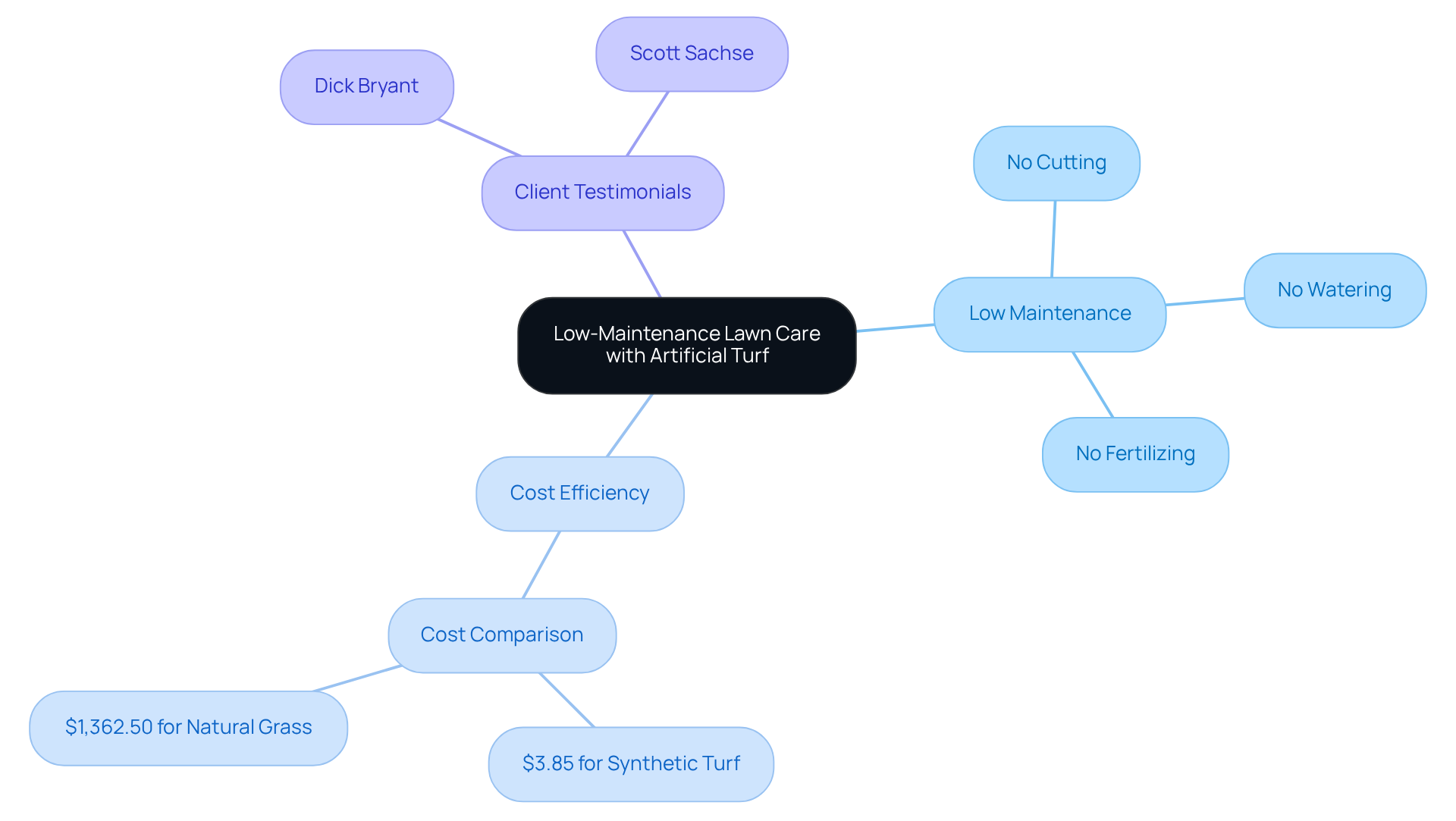 The central idea is about low-maintenance lawn care. Each branch shows a different benefit or testimonial, helping you understand why synthetic turf is a great choice.