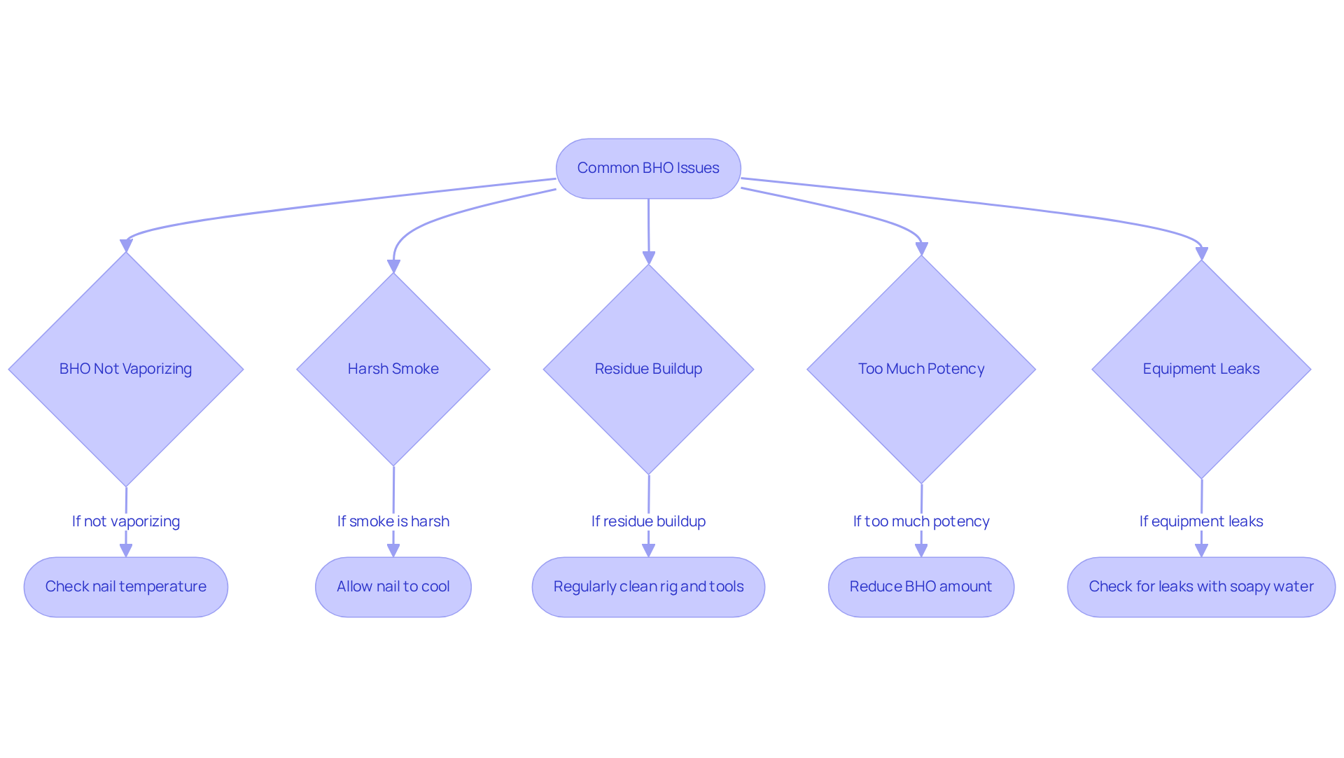Follow the flowchart from the starting point to identify and address issues you may encounter with BHO. Each branch leads to a problem and its solution, helping ensure a better experience.
