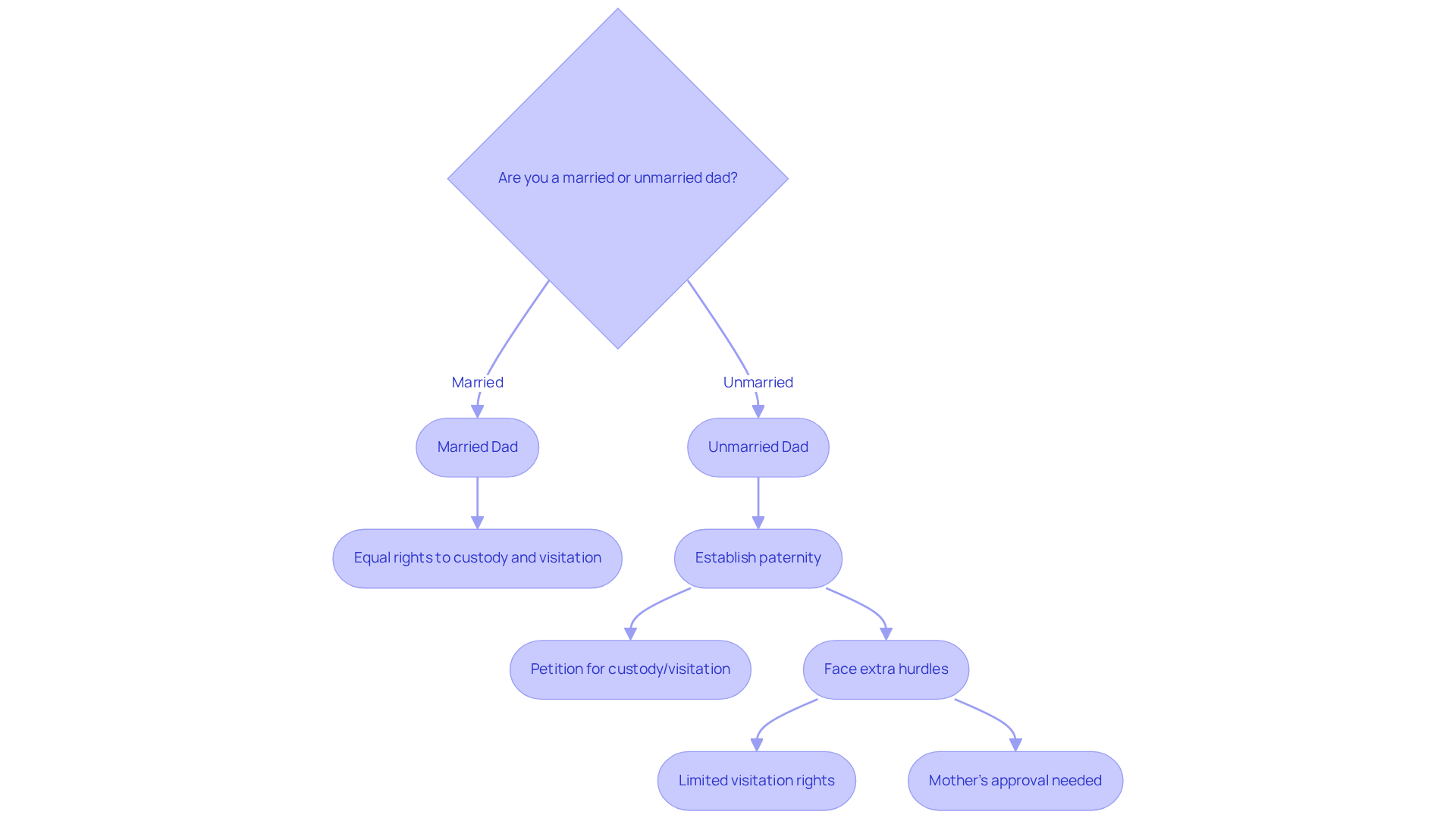 This flowchart helps you understand the steps fathers need to take regarding custody and visitation rights. Follow the paths based on whether you're married or unmarried to see what rights you have and what actions you may need to take.