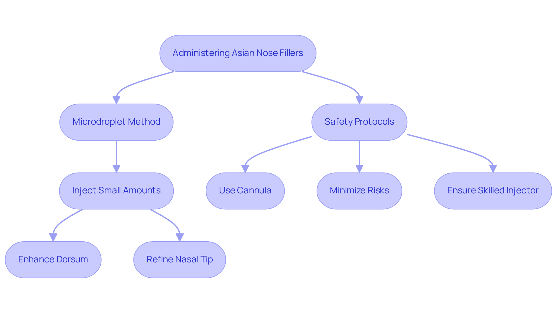 Follow the arrows to see the steps involved in enhancing the Asian nose with fillers. Each box represents a key part of the process, from the technique used to safety measures, ensuring a clear understanding of how the procedure is performed.