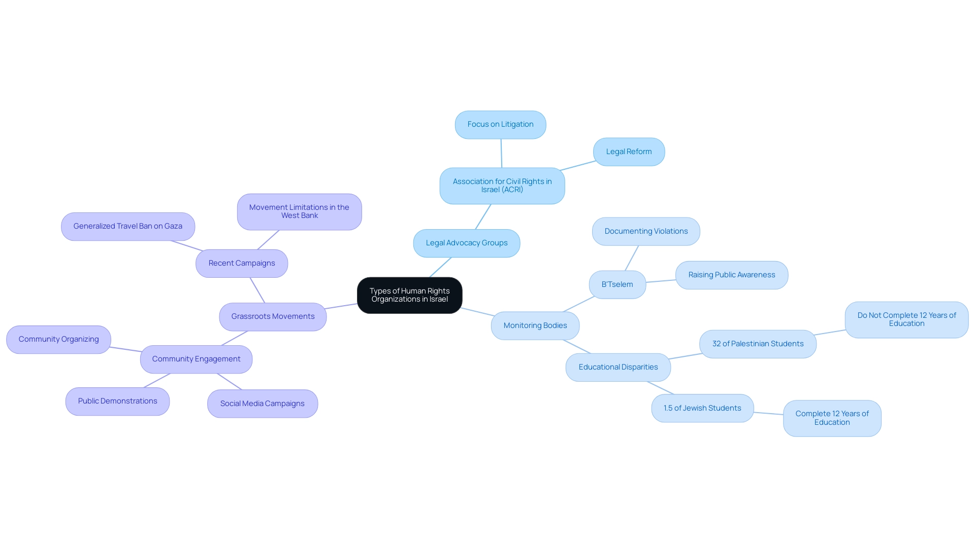 The central node represents the overall categorization, with branches indicating different types of organizations and sub-branches showing specific examples and focus areas.