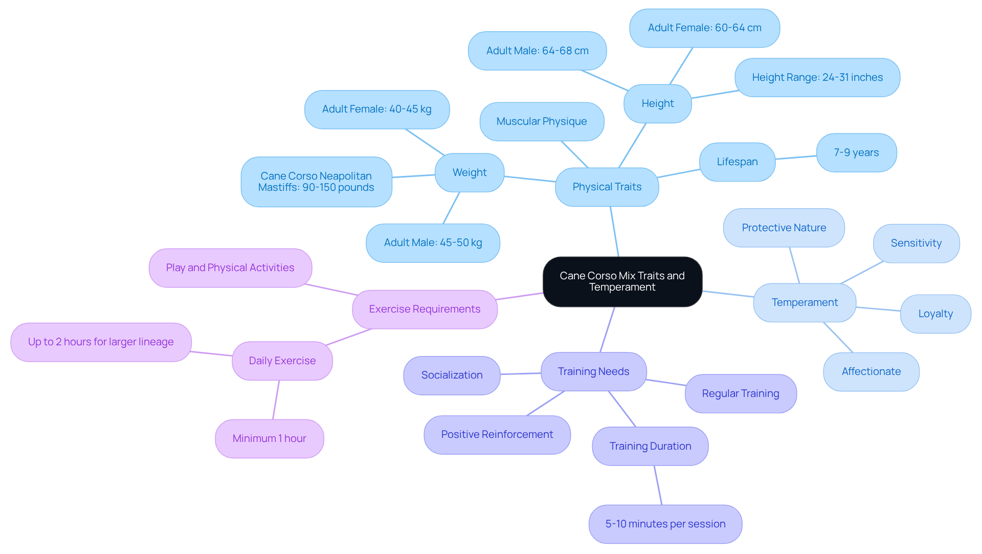 This mindmap shows the key traits and needs of the Cane Corso mix. Start at the center to learn about its physical characteristics, temperament, and the requirements for training and exercise.