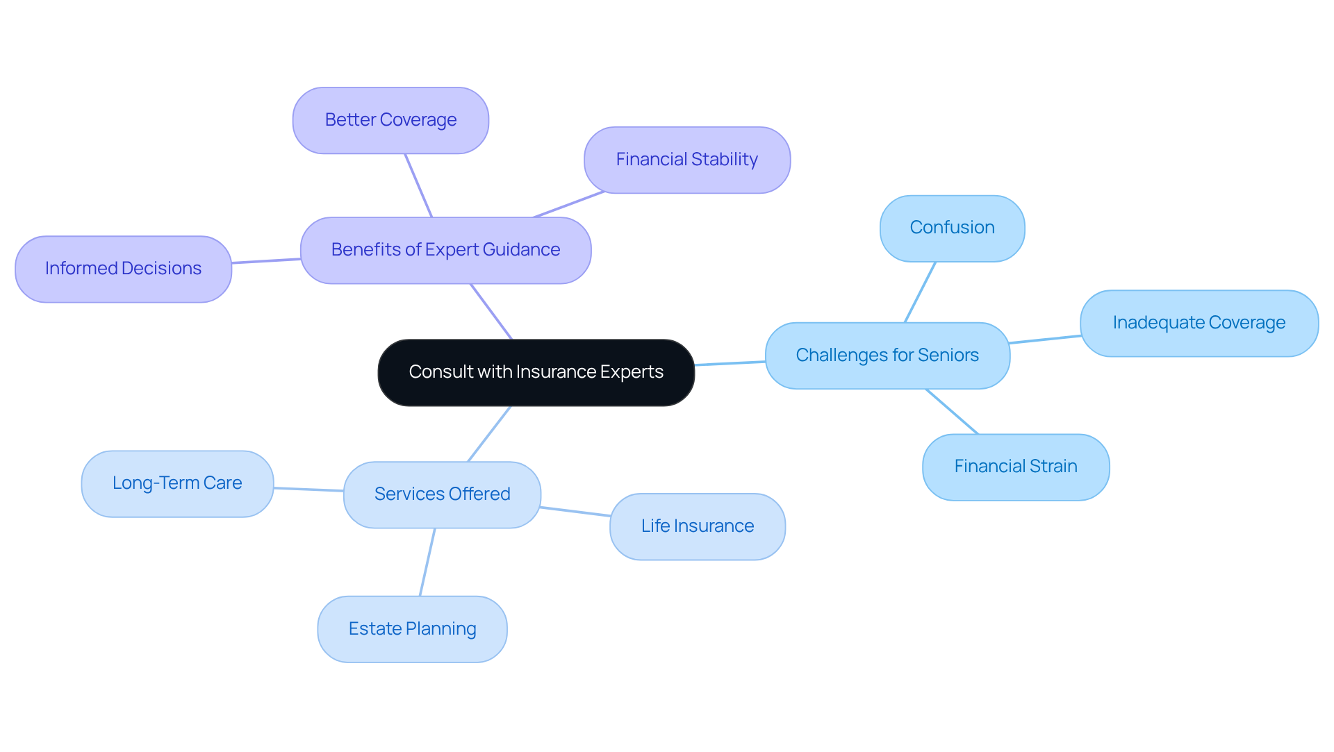Start at the center with the main idea of consulting experts, then follow the branches to see the challenges seniors face, the services available, and the benefits of seeking professional advice.