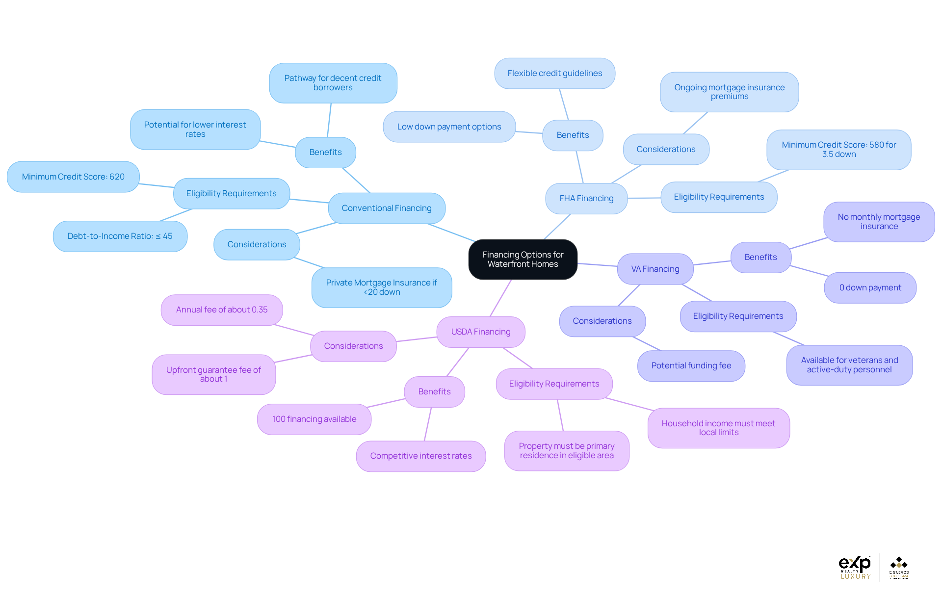 The central node represents the main topic of financing options. Each branch shows a different type of financing, and the sub-branches provide important details about each option, helping you understand what might work best for your situation.
