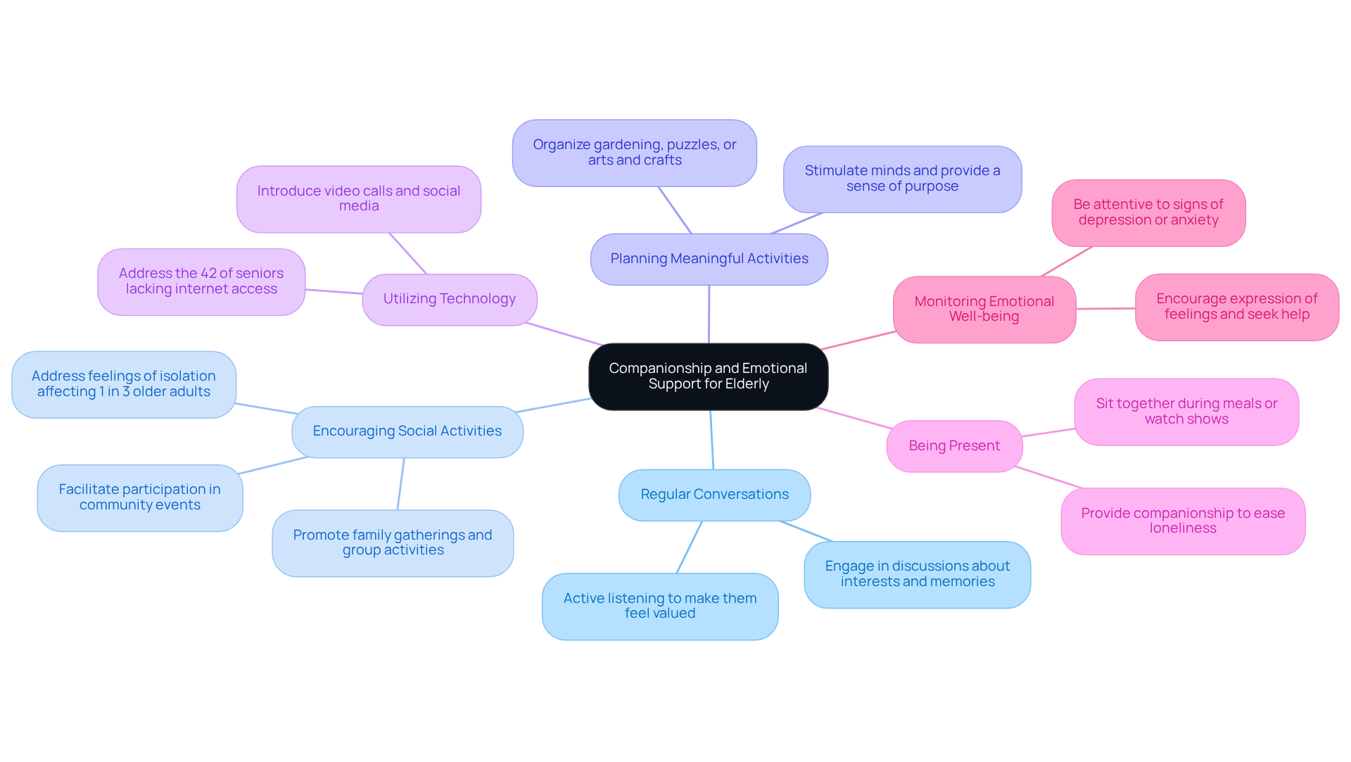 The central node represents the main theme of companionship and emotional support. Each branch indicates a specific strategy, and the sub-branches provide additional details or examples. This layout helps visualize how each strategy contributes to the overall goal of enhancing the quality of life for elderly individuals.