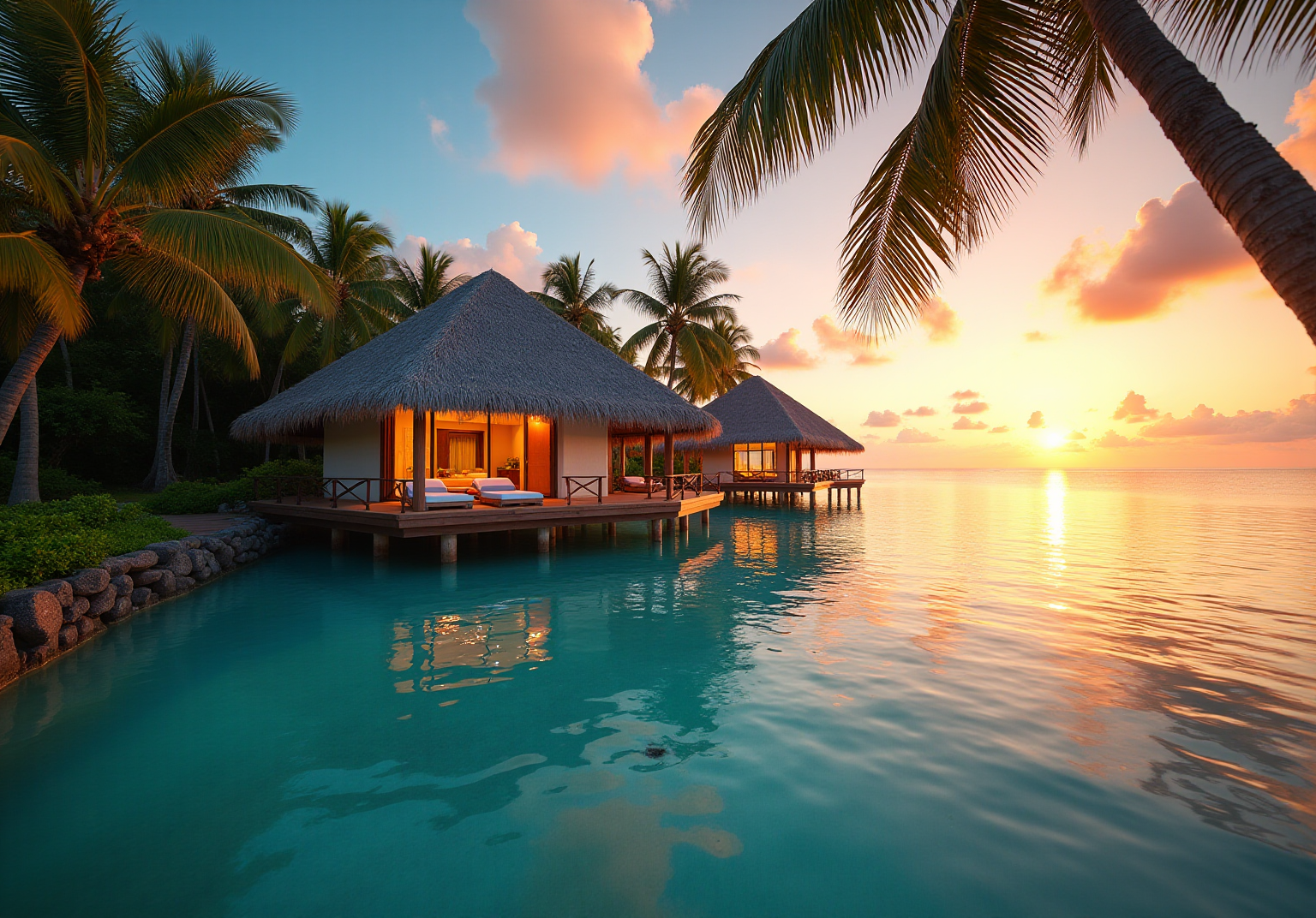 Romantic Overwater Villa in Maldives at Sunset