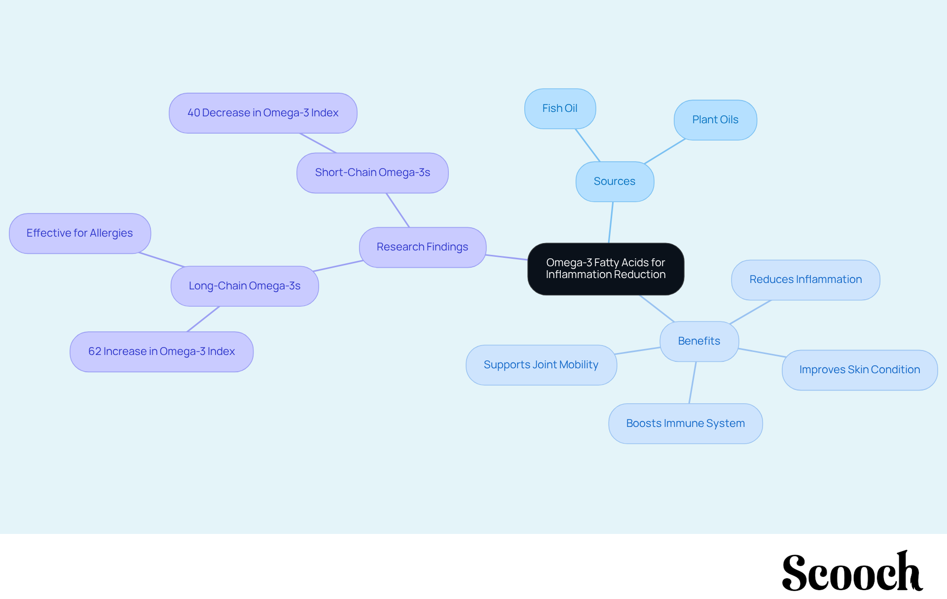 The central node represents the main topic, while the branches show different aspects of Omega-3 fatty acids, including where they come from, how they help dogs, and important research findings. Each color-coded branch helps you quickly identify related information.