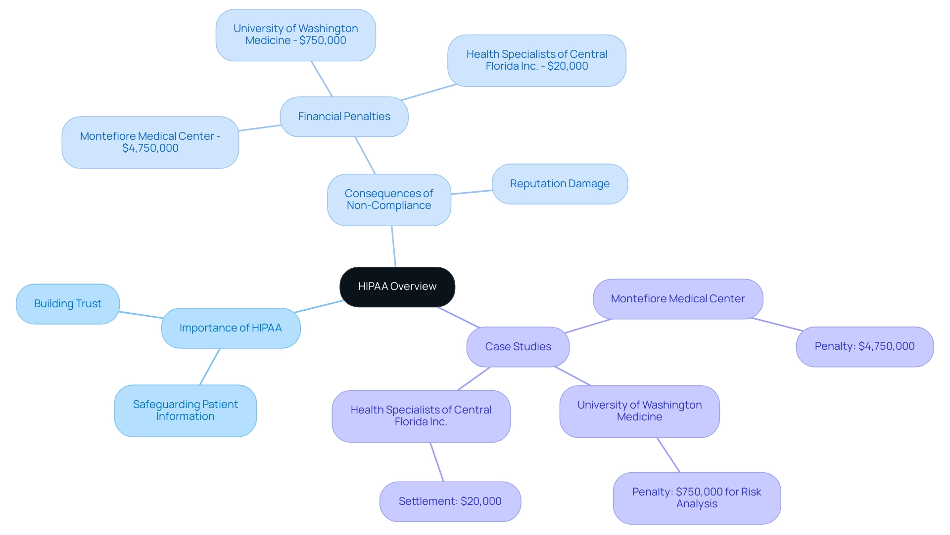 The central node represents the overall topic of HIPAA, branches signify key themes like importance, consequences, and case studies, with colors differentiating each branch.