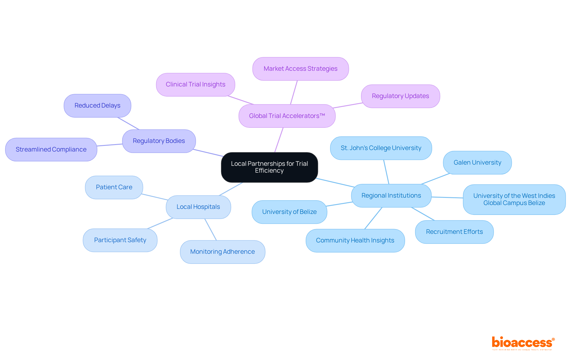 The center represents the main idea of leveraging local partnerships. Each branch shows a different stakeholder group and their specific contributions to improving clinical trials. Follow the branches to see how these connections work together.