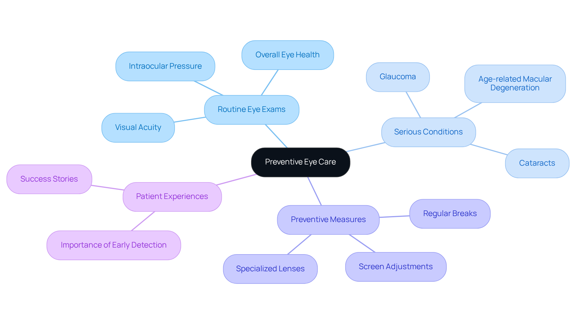 Start at the center with the main topic of preventive eye care, then follow the branches to explore the importance of routine exams, the conditions they can detect, and the measures you can take to protect your vision.
