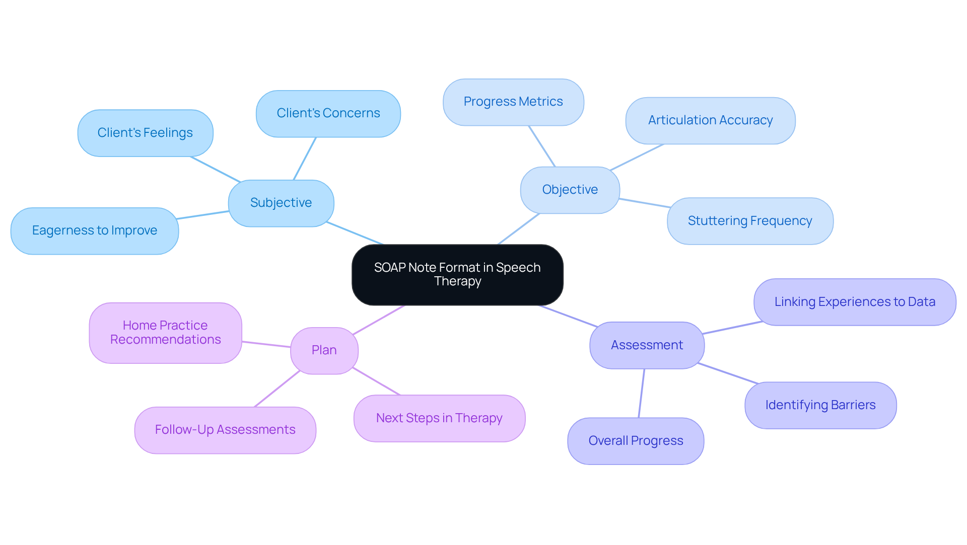 The center shows the main idea of SOAP notes, while each branch represents a key component of the format. Explore each branch to understand the role it plays in documenting patient interactions and care.