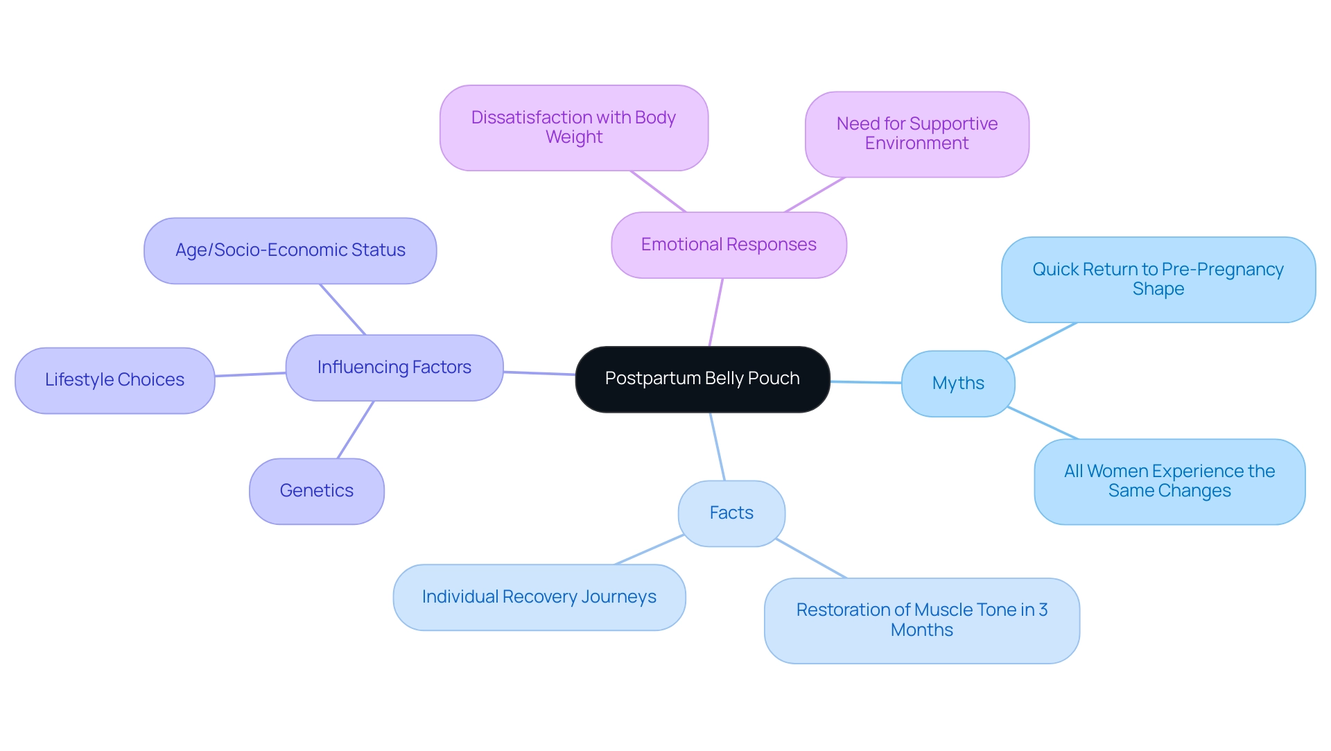 The central node represents the main topic, with branches indicating myths, facts, factors influencing recovery, and emotional responses, each color-coded for clarity.