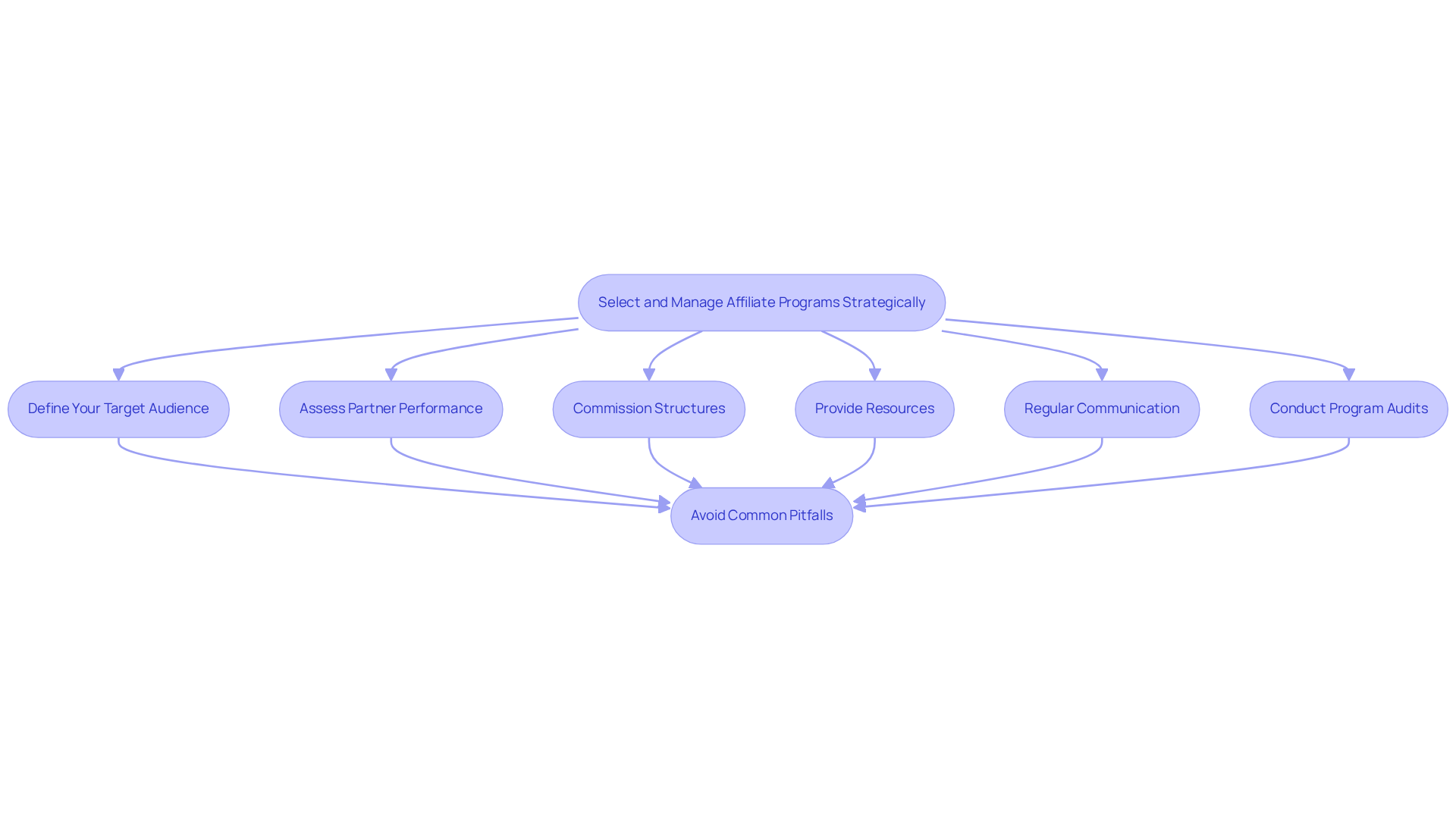 This flowchart outlines the key strategies for effectively managing affiliate programs. Each box represents a step in the process, guiding you through the essential actions to take. Follow the arrows to see how each strategy connects and builds upon the previous one. This flowchart outlines the key strategies for effectively managing affiliate programs. Each box represents a step in the process, guiding you through the essential actions to take. Follow the arrows to see how each strategy connects and builds upon the previous one.
