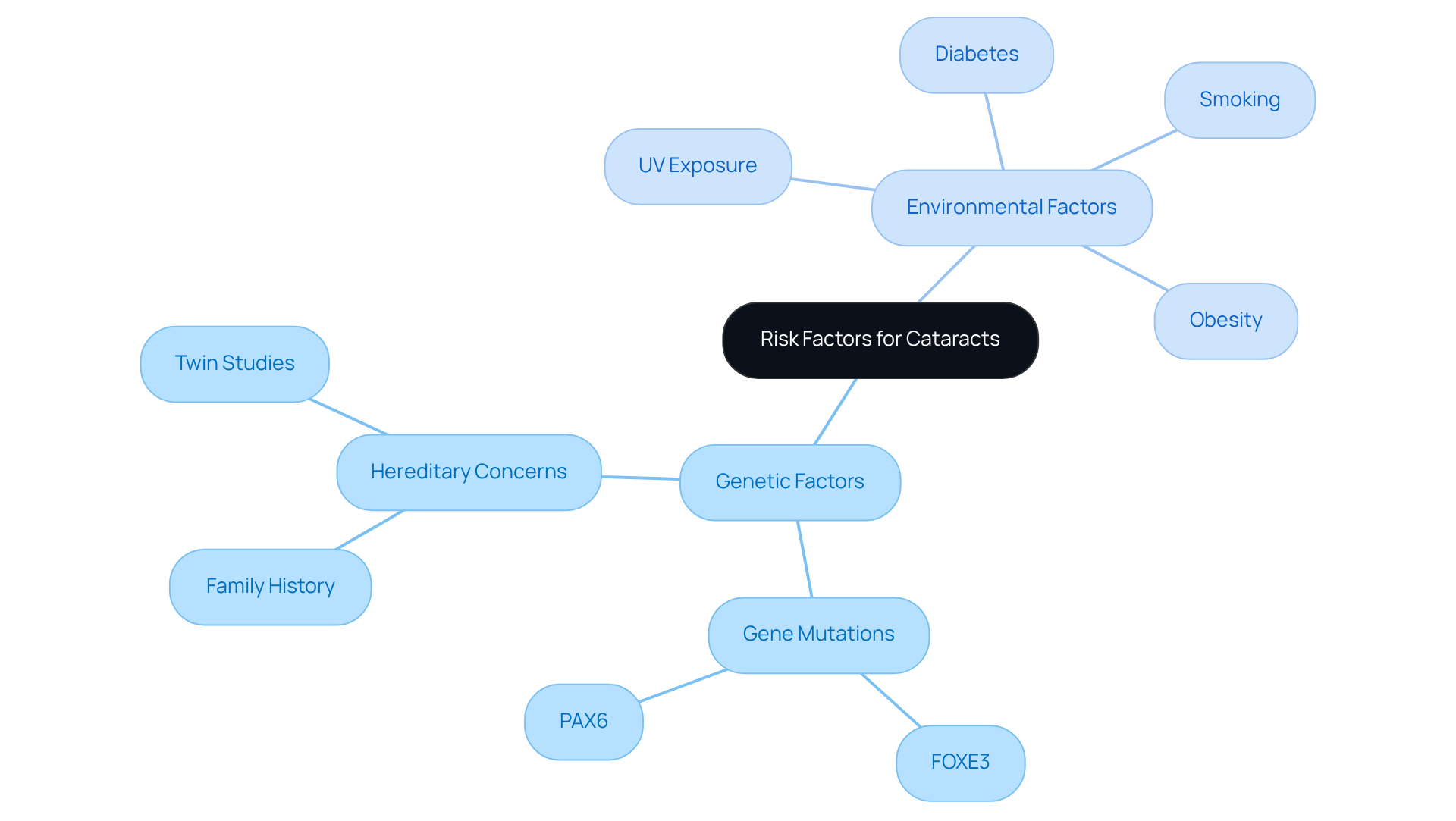 The center shows the main topic of cataract risk factors. The branches represent different categories of risks, and the sub-branches provide specific examples. This layout helps you see how various factors contribute to cataract development. The center shows the main topic of cataract risk factors. The branches represent different categories of risks, and the sub-branches provide specific examples. This layout helps you see how various factors contribute to cataract development.