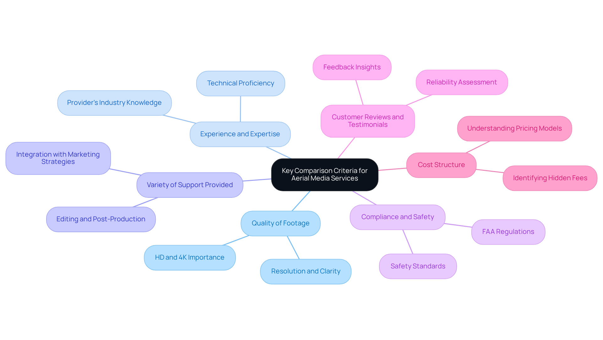 The central node represents the main topic of selecting aerial media services. Each branch shows a key criterion to consider, helping you understand what factors are important in making your choice.