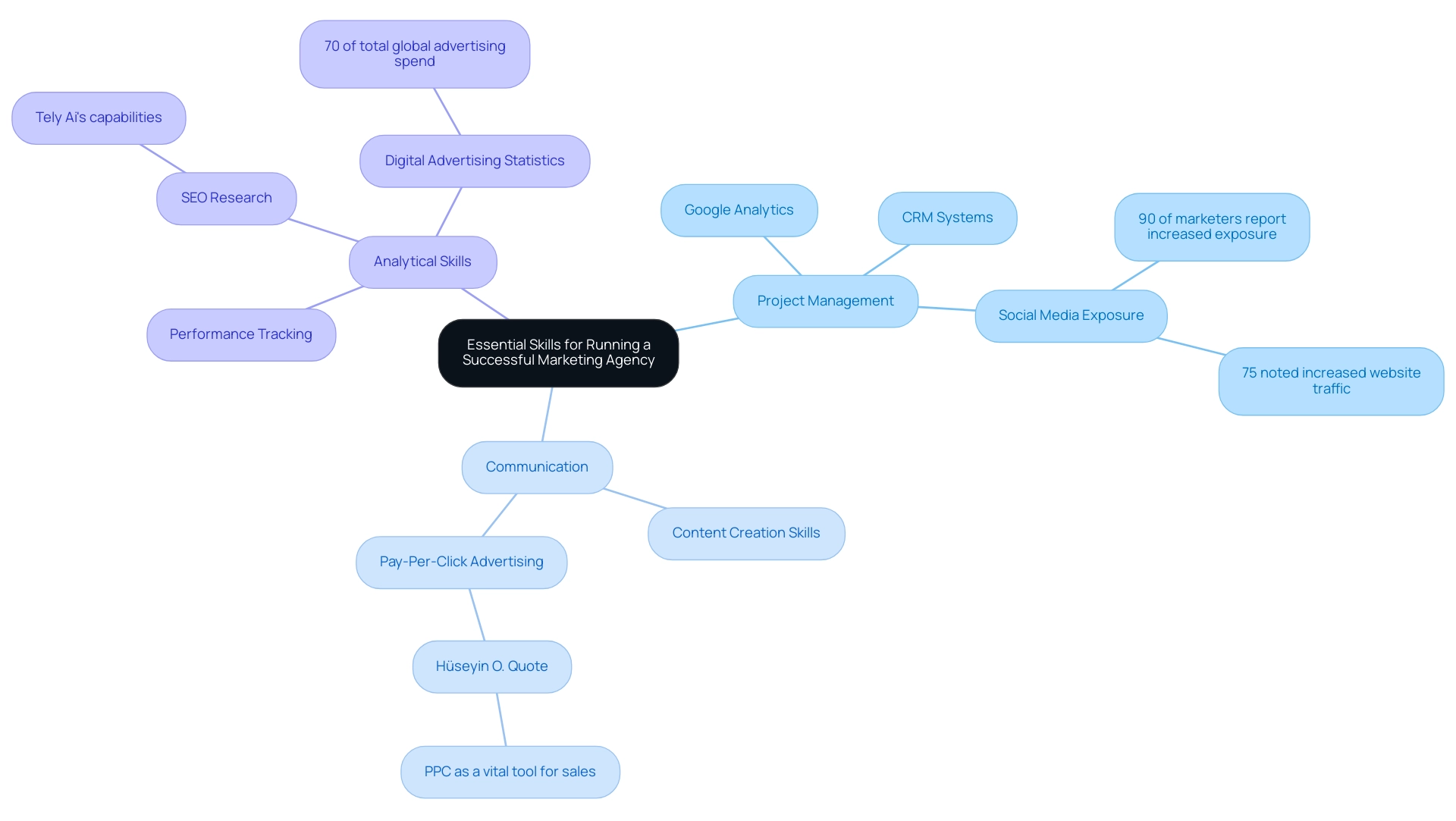 Central node represents the overall theme; branches indicate skills with sub-branches detailing relevant tools and statistics.