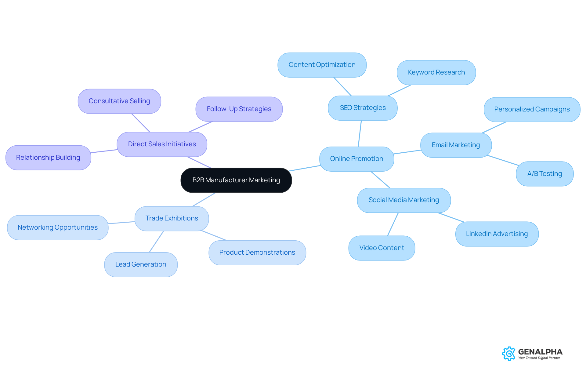 The center represents the main idea of B2B marketing, while the branches show different strategies. Each strategy can have its own tactics, helping you visualize how they connect and contribute to the overall marketing approach.